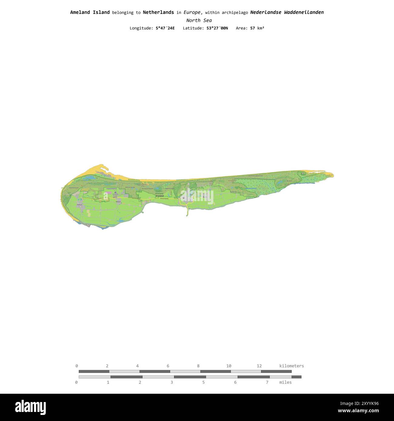 Ameland Island in the North Sea, belonging to Netherlands, isolated on ...