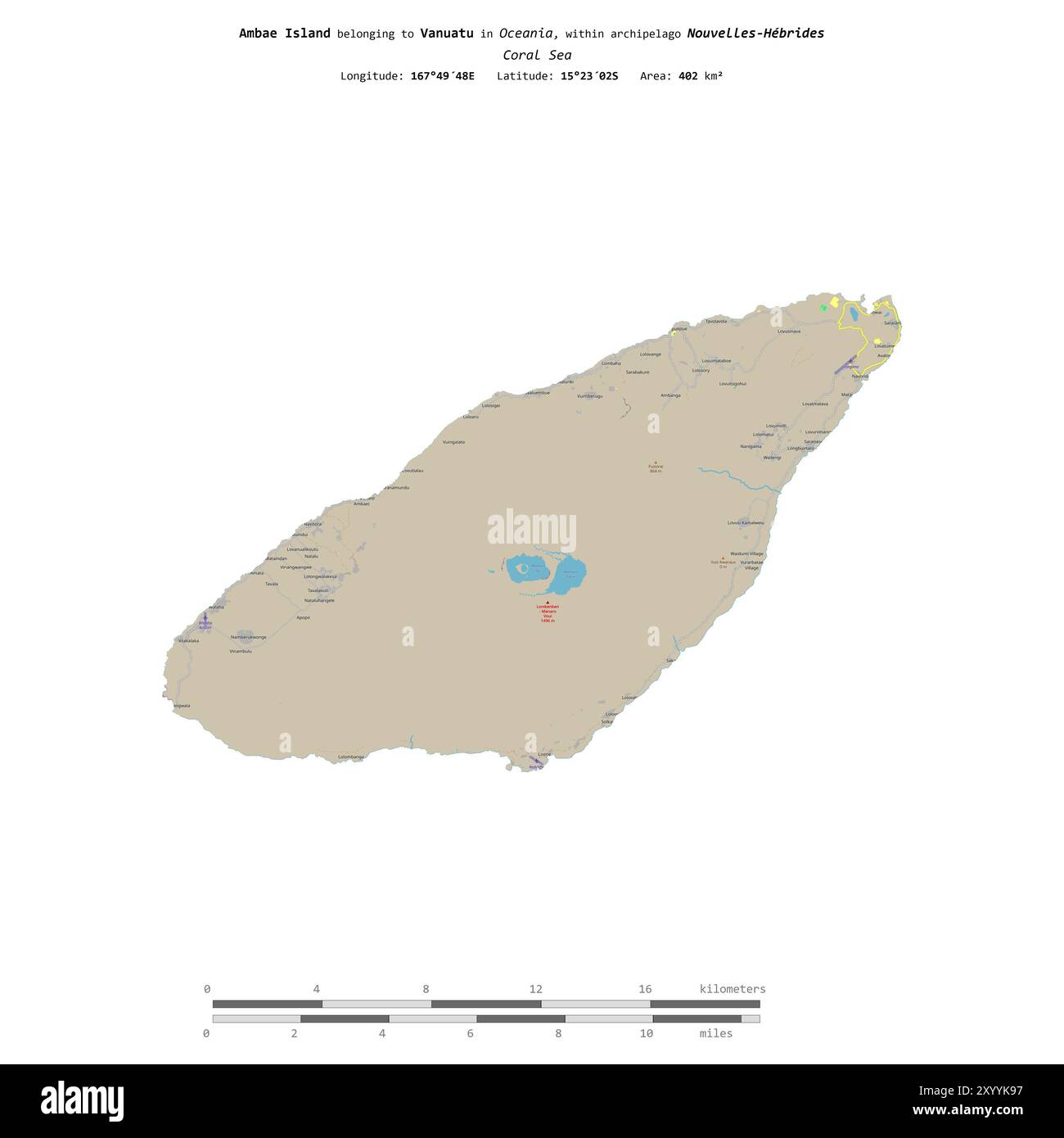 Ambae Island in the Coral Sea, belonging to Vanuatu, isolated on a ...