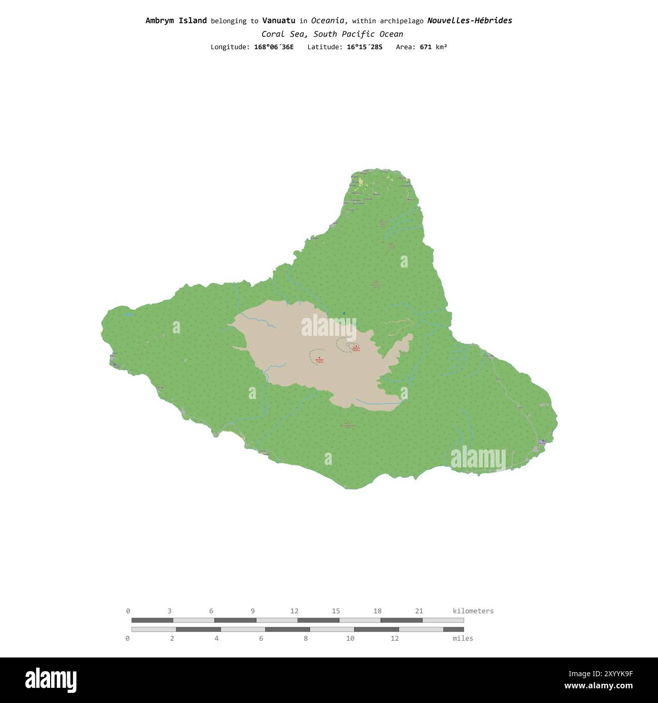 Ambrym Island in the Coral Sea, belonging to Vanuatu, isolated on a ...