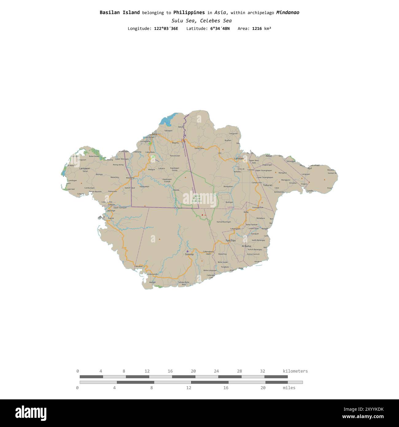 Basilan Island in the Sulu Sea, belonging to Philippines, isolated on a ...
