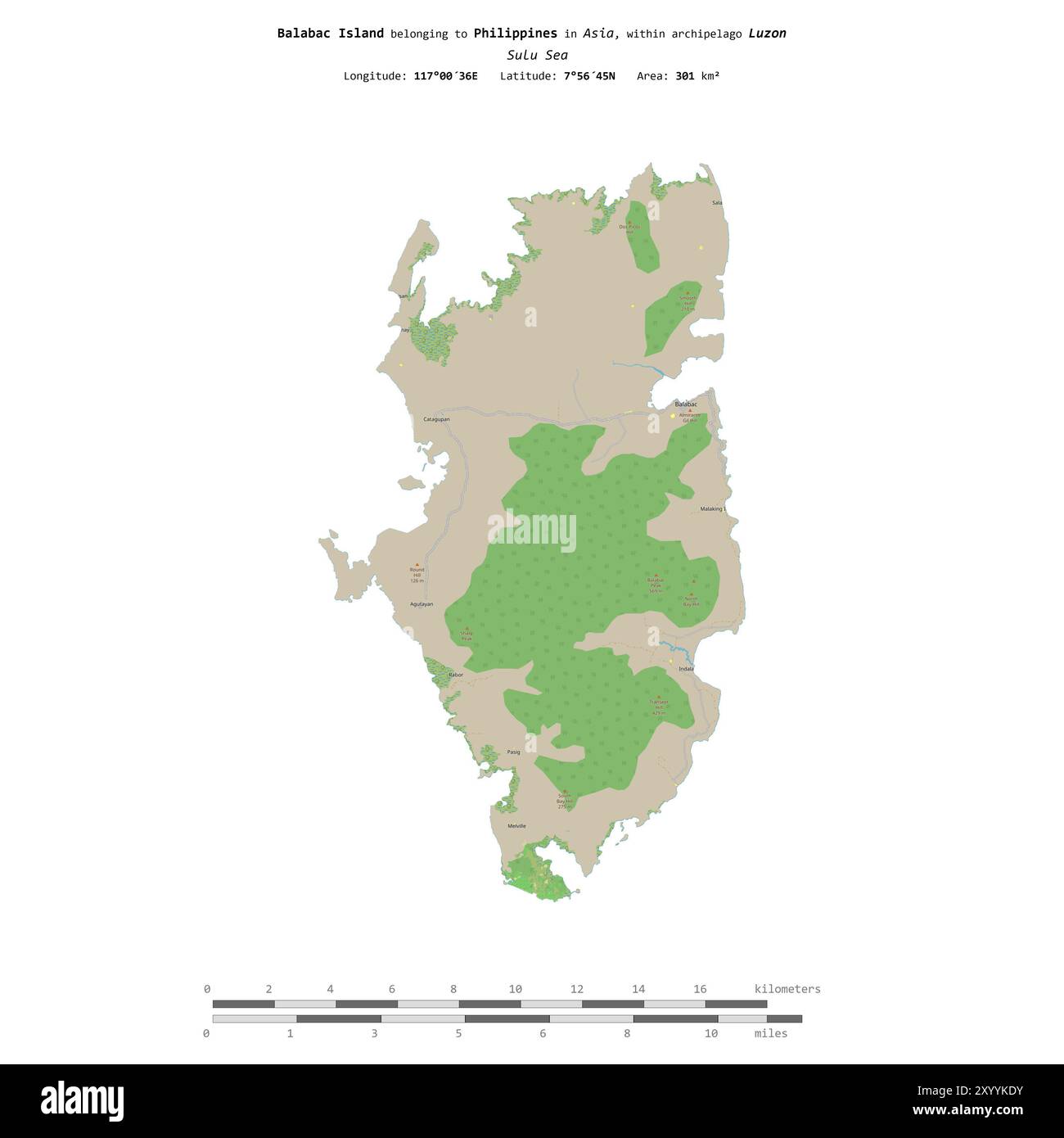Balabac Island in the Sulu Sea, belonging to Philippines, isolated on a ...