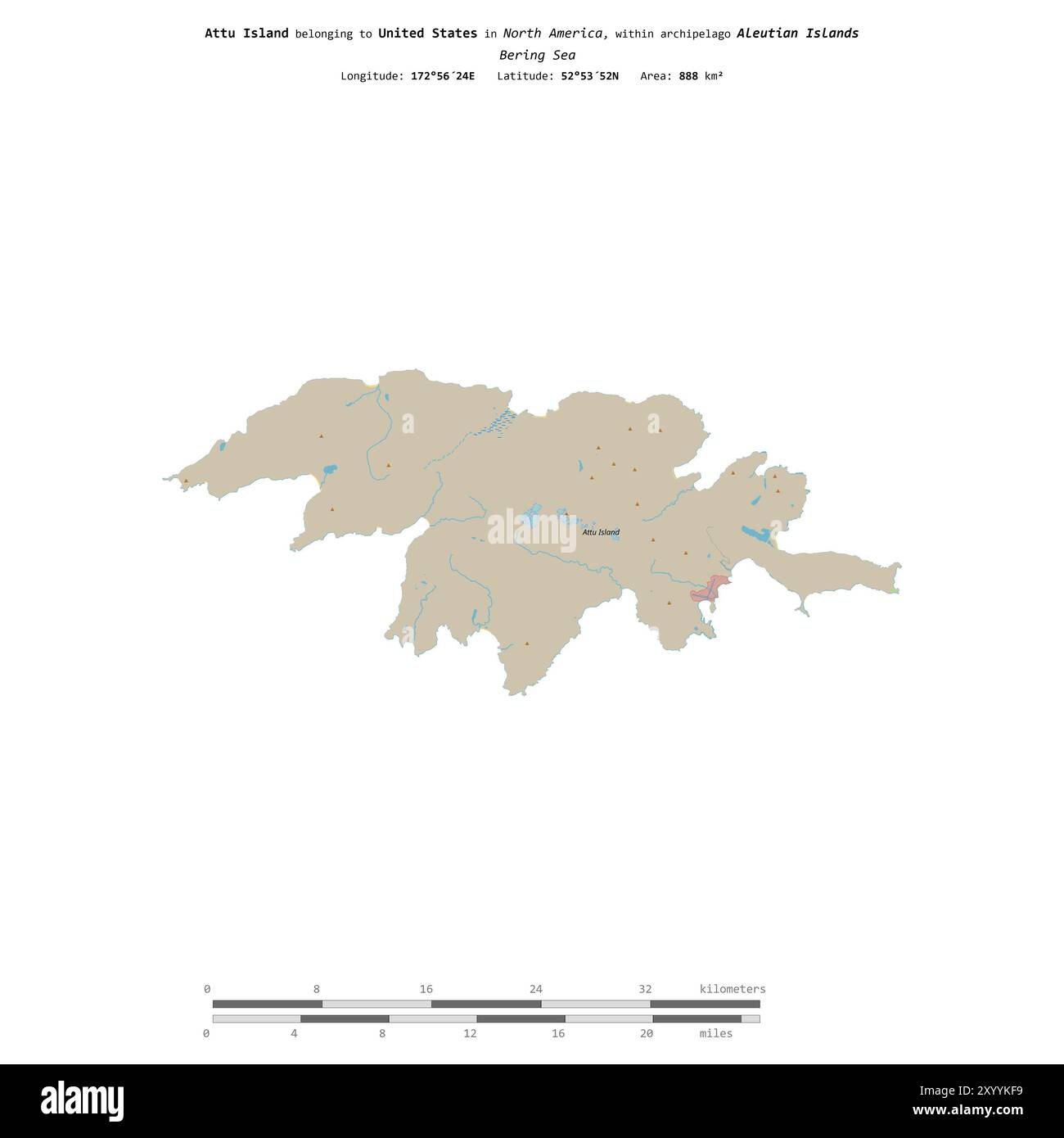 Attu Island in the Bering Sea, belonging to United States, isolated on ...