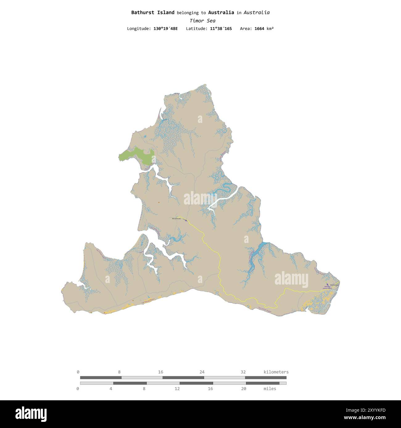 Bathurst Island in the Timor Sea, belonging to Australia, isolated on a ...
