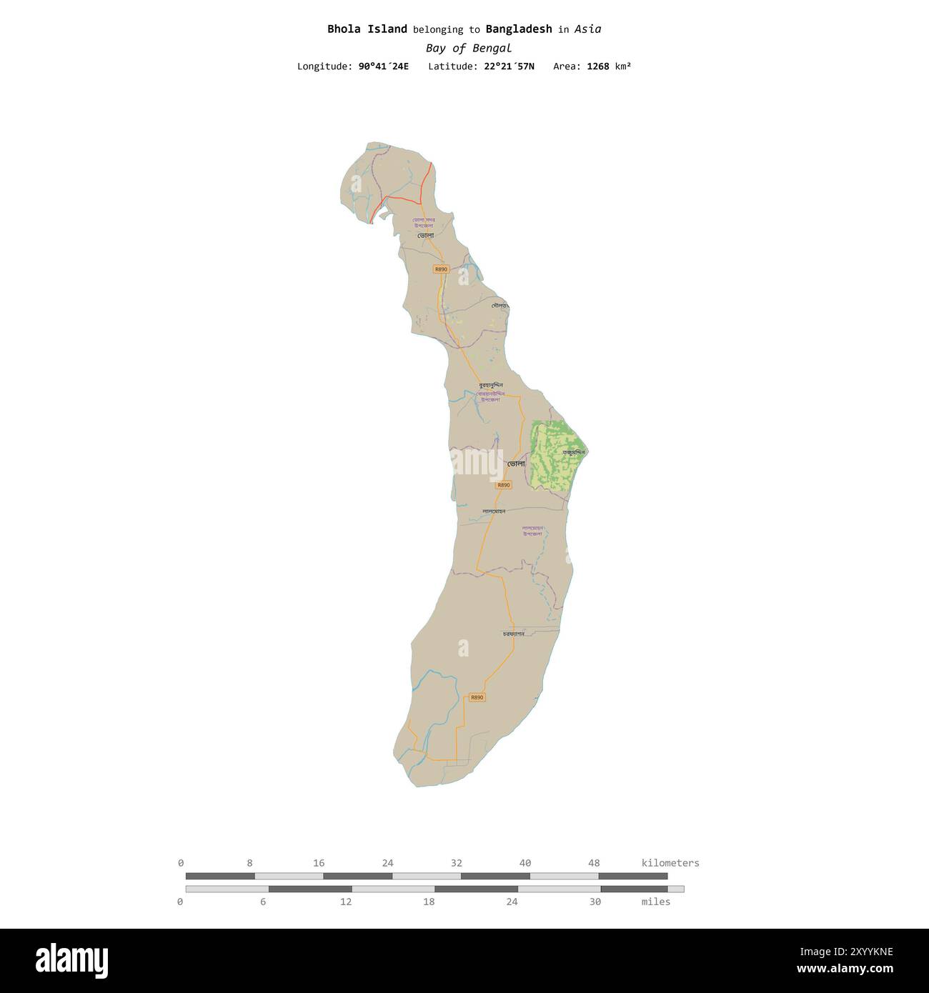 Bhola Island in the Bay of Bengal, belonging to Bangladesh, isolated on ...