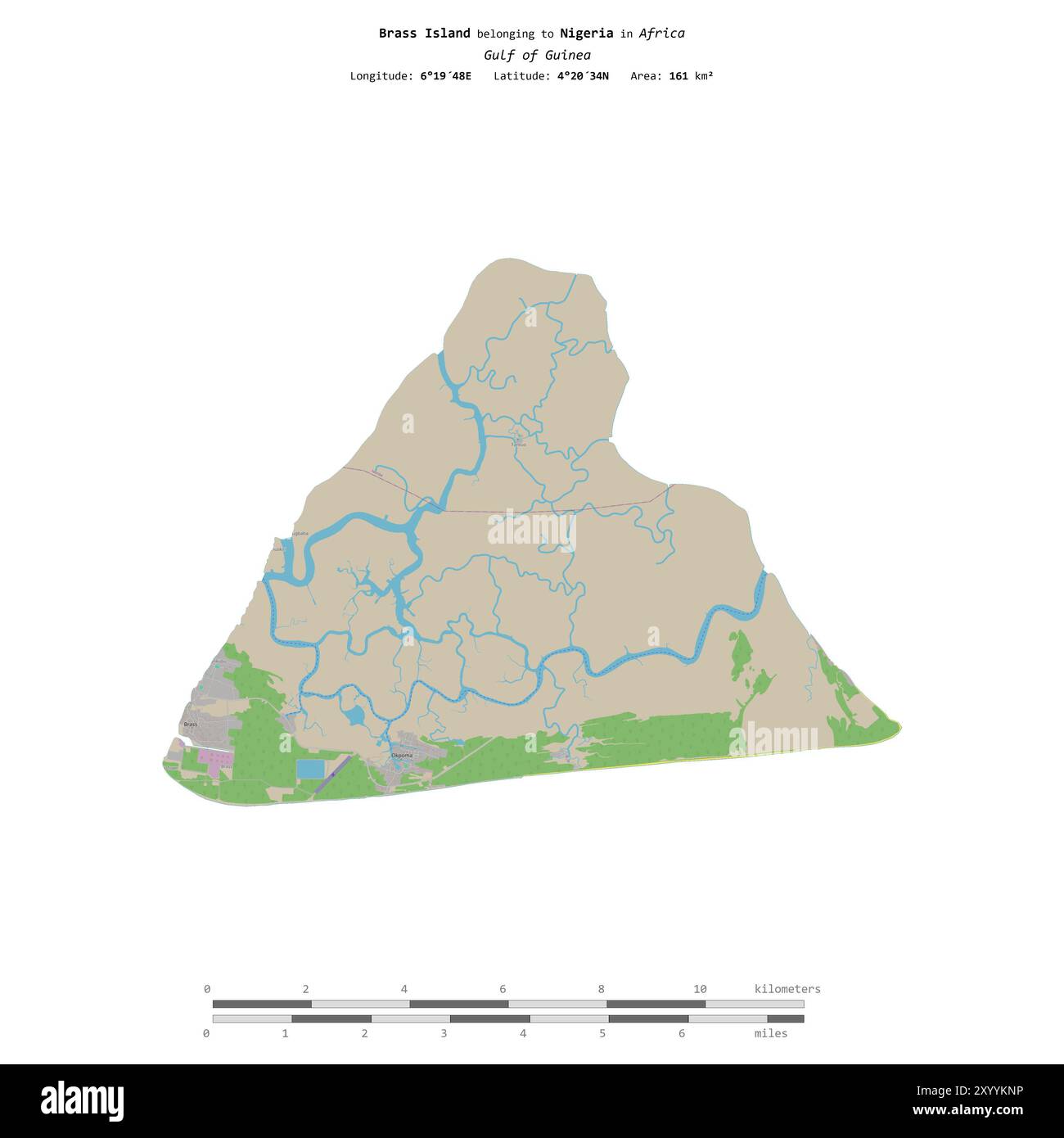 Brass Island in the Gulf of Guinea, belonging to Nigeria, isolated on a ...