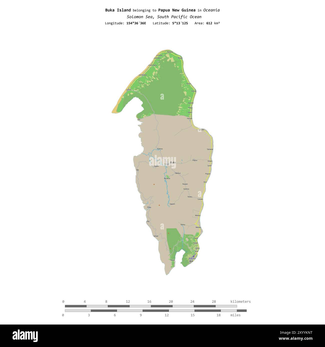Buka Island in the Solomon Sea, belonging to Papua New Guinea, isolated on a topographic, OSM ...