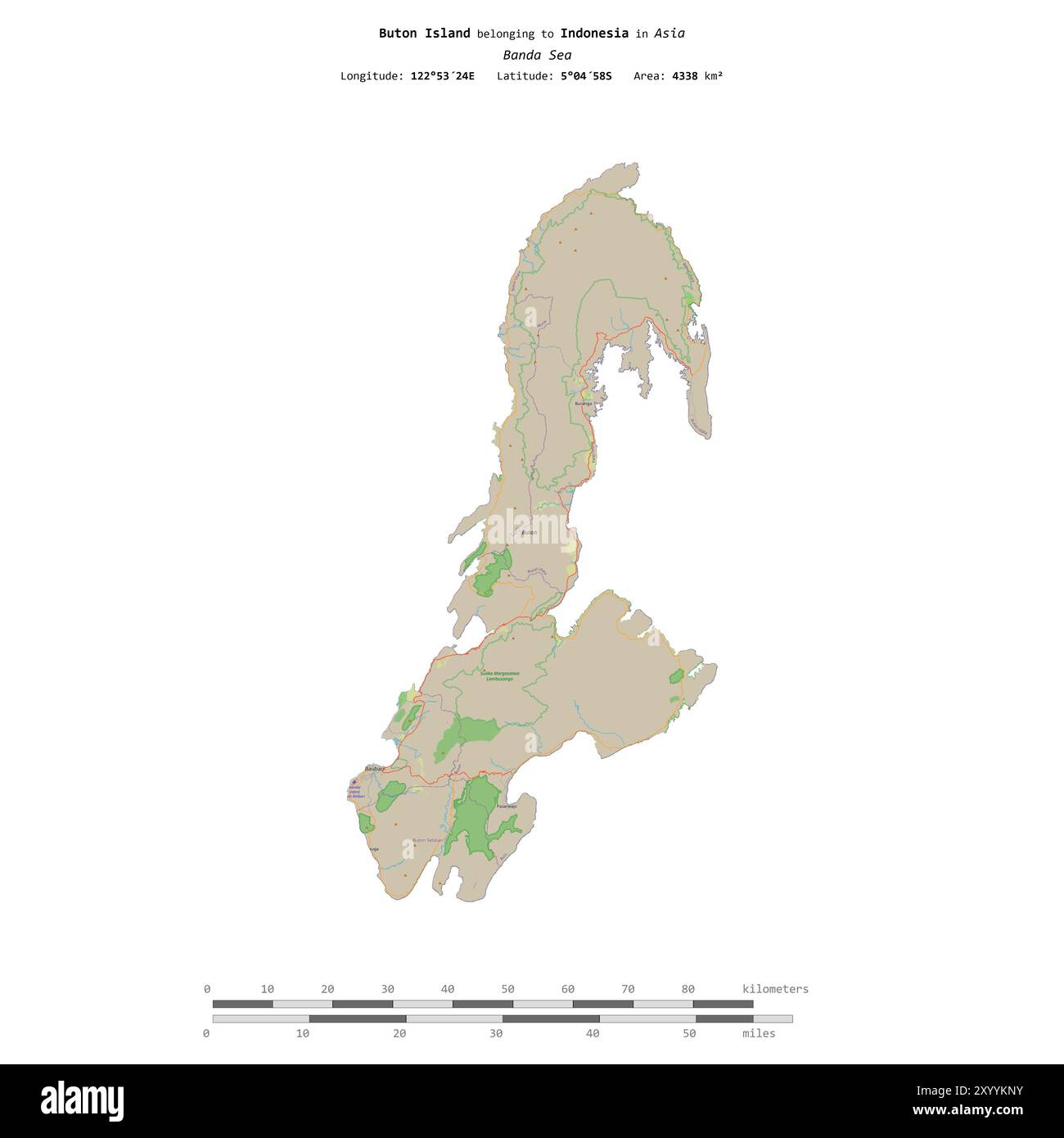 Buton Island in the Banda Sea, belonging to Indonesia, isolated on a ...