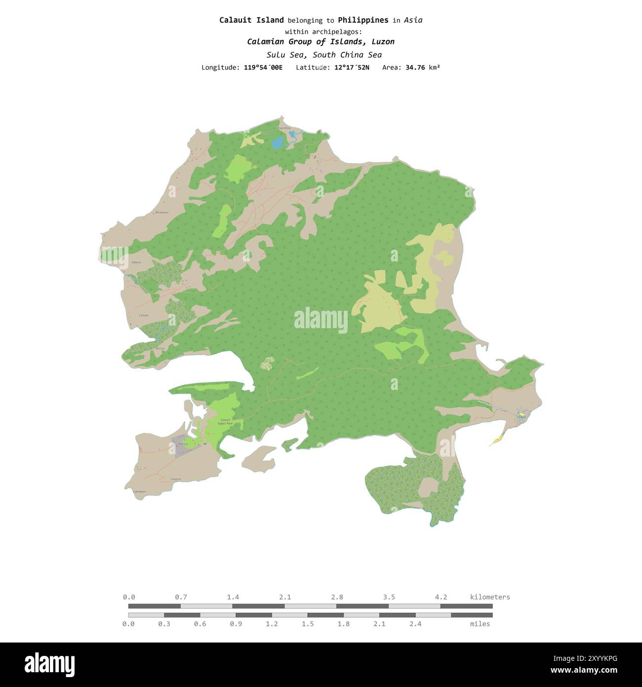Calauit Island in the Sulu Sea, belonging to Philippines, isolated on a ...