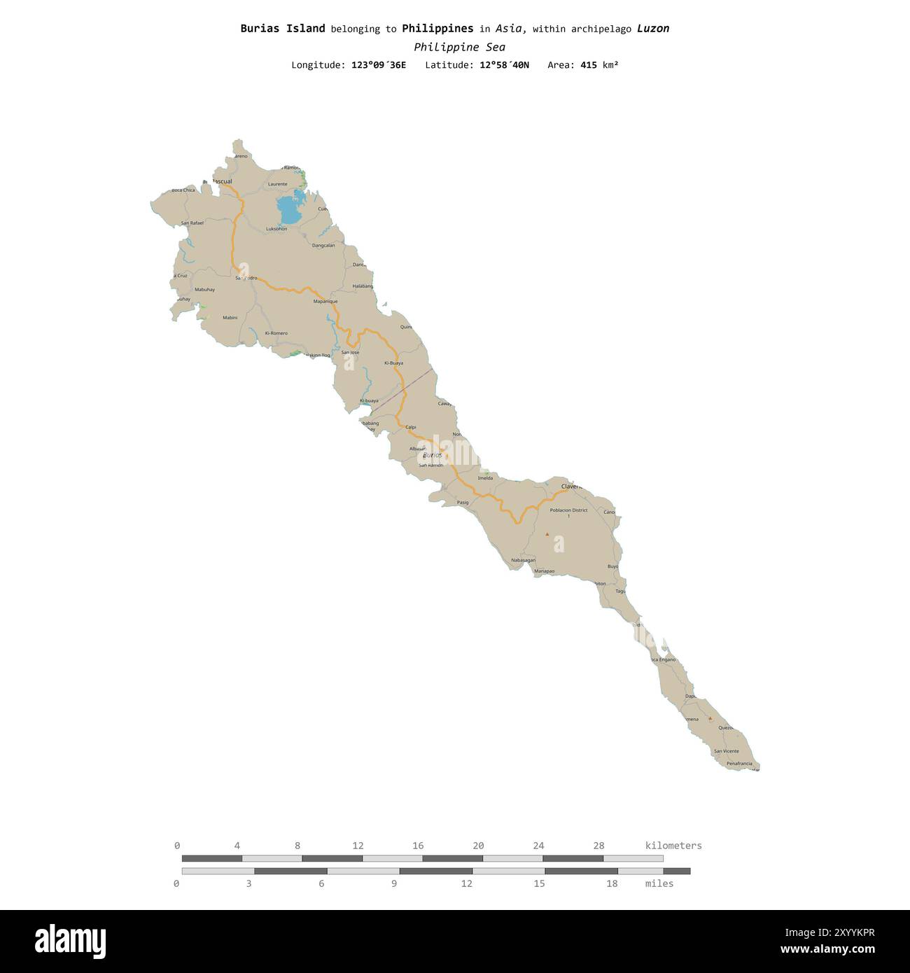 Burias Island in the Philippine Sea, belonging to Philippines, isolated ...