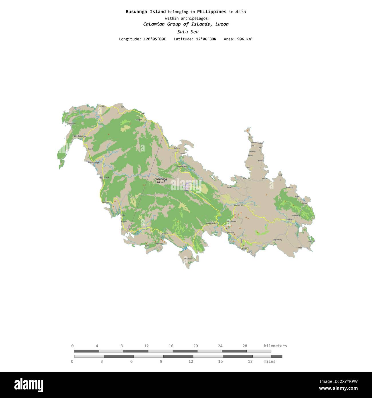 Busuanga Island in the Sulu Sea, belonging to Philippines, isolated on a topographic, OSM ...