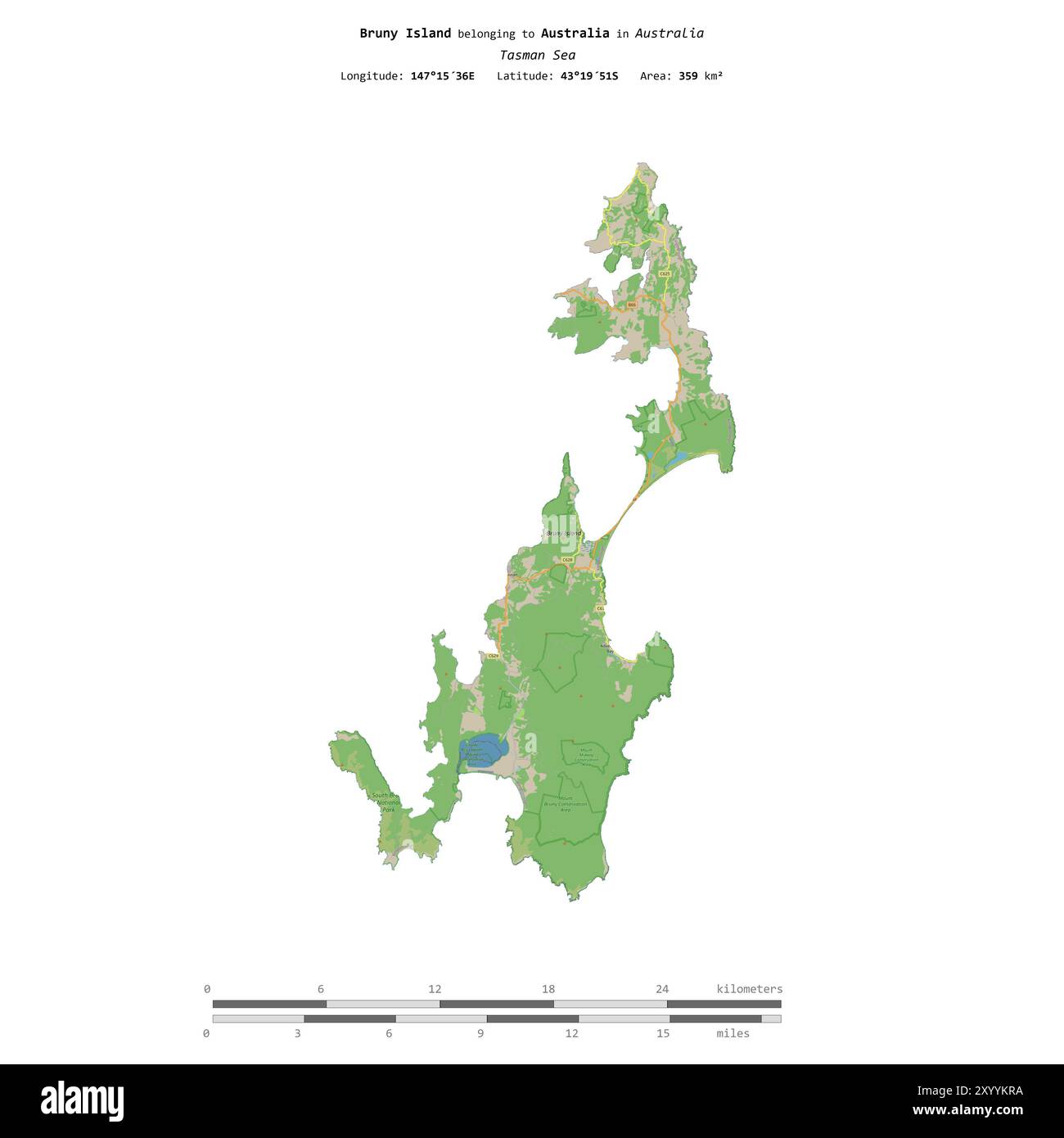 Bruny Island in the Tasman Sea, belonging to Australia, isolated on a ...