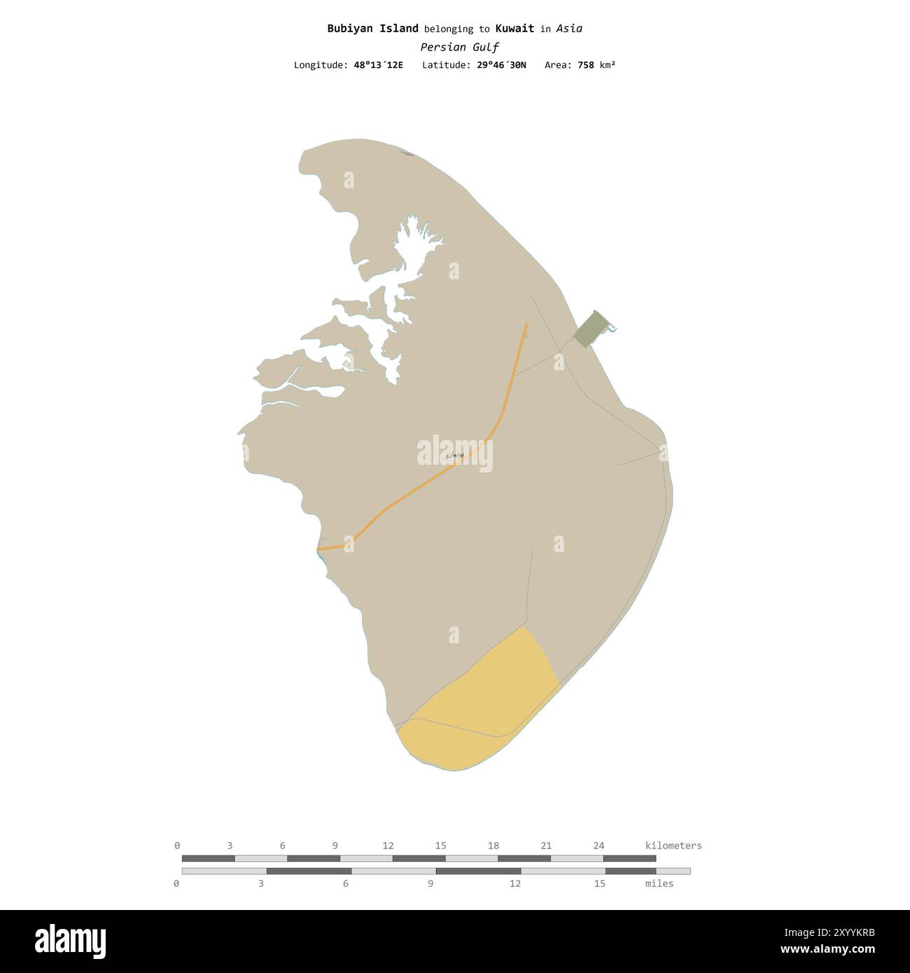Bubiyan Island in the Persian Gulf, belonging to Kuwait, isolated on a topographic, OSM standard ...