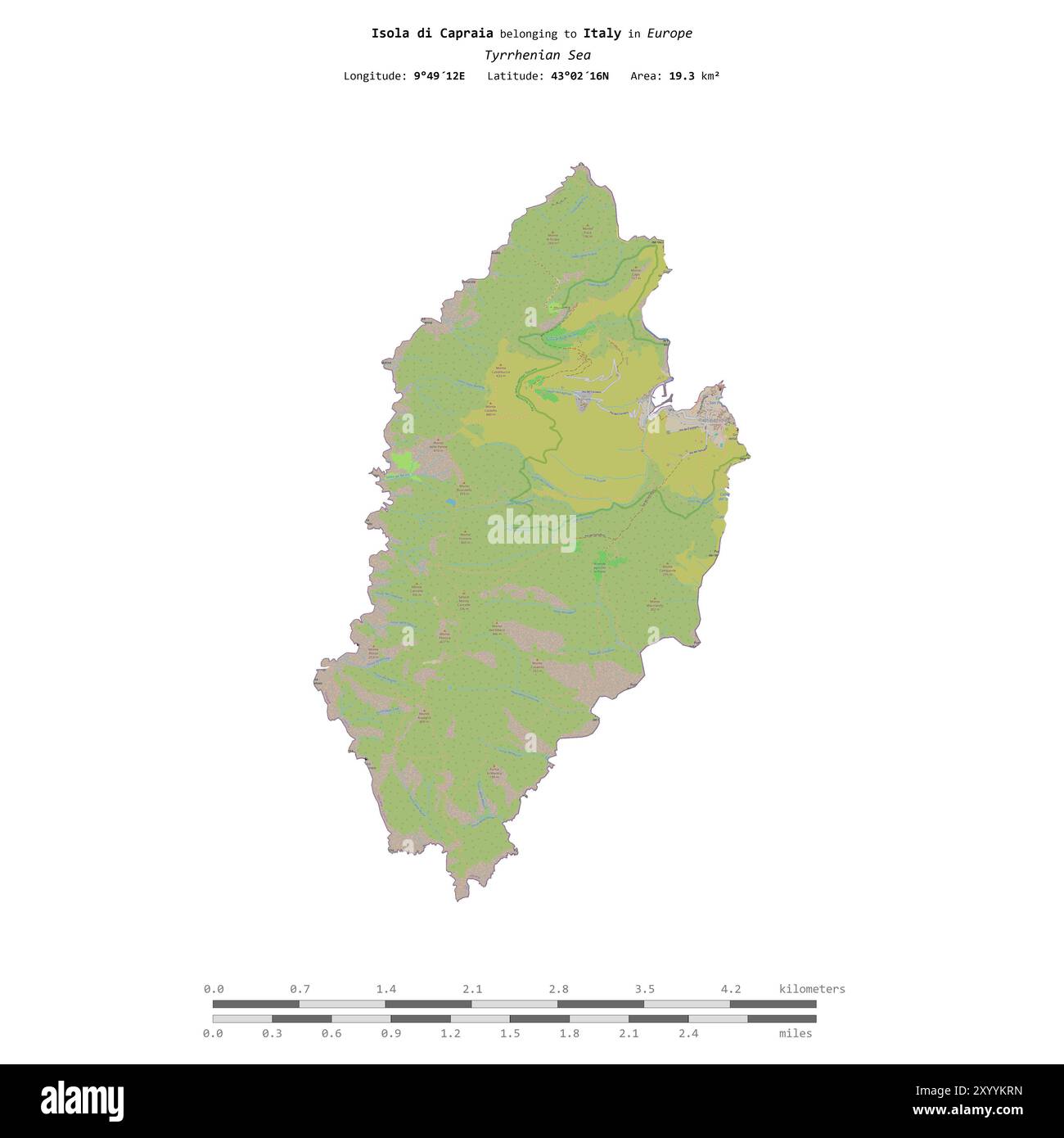 Isola di Capraia in the Tyrrhenian Sea, belonging to Italy, isolated on ...
