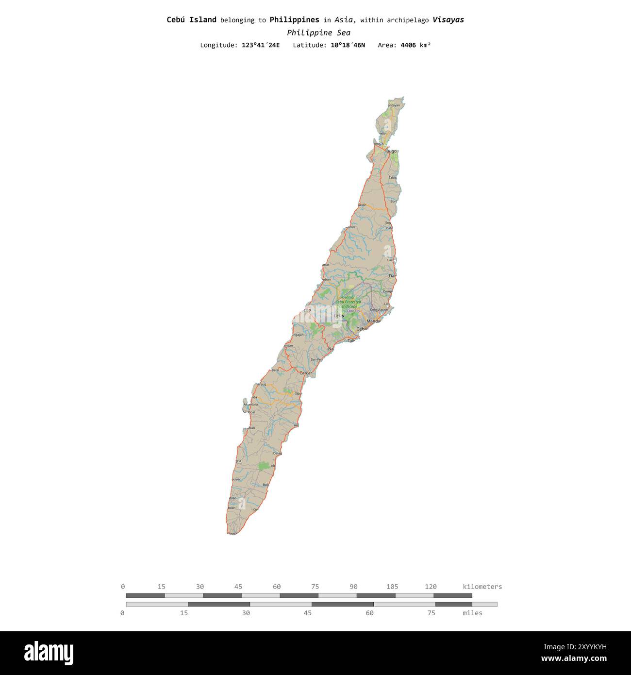 Cebu Island in the Philippine Sea, belonging to Philippines, isolated on a topographic, OSM ...