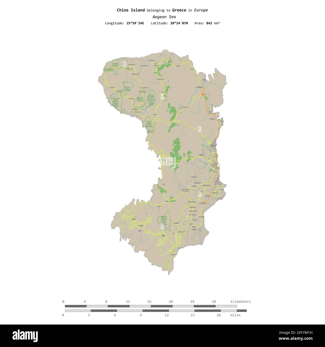 Chios Island in the Aegean Sea, belonging to Greece, isolated on a topographic, OSM standard ...
