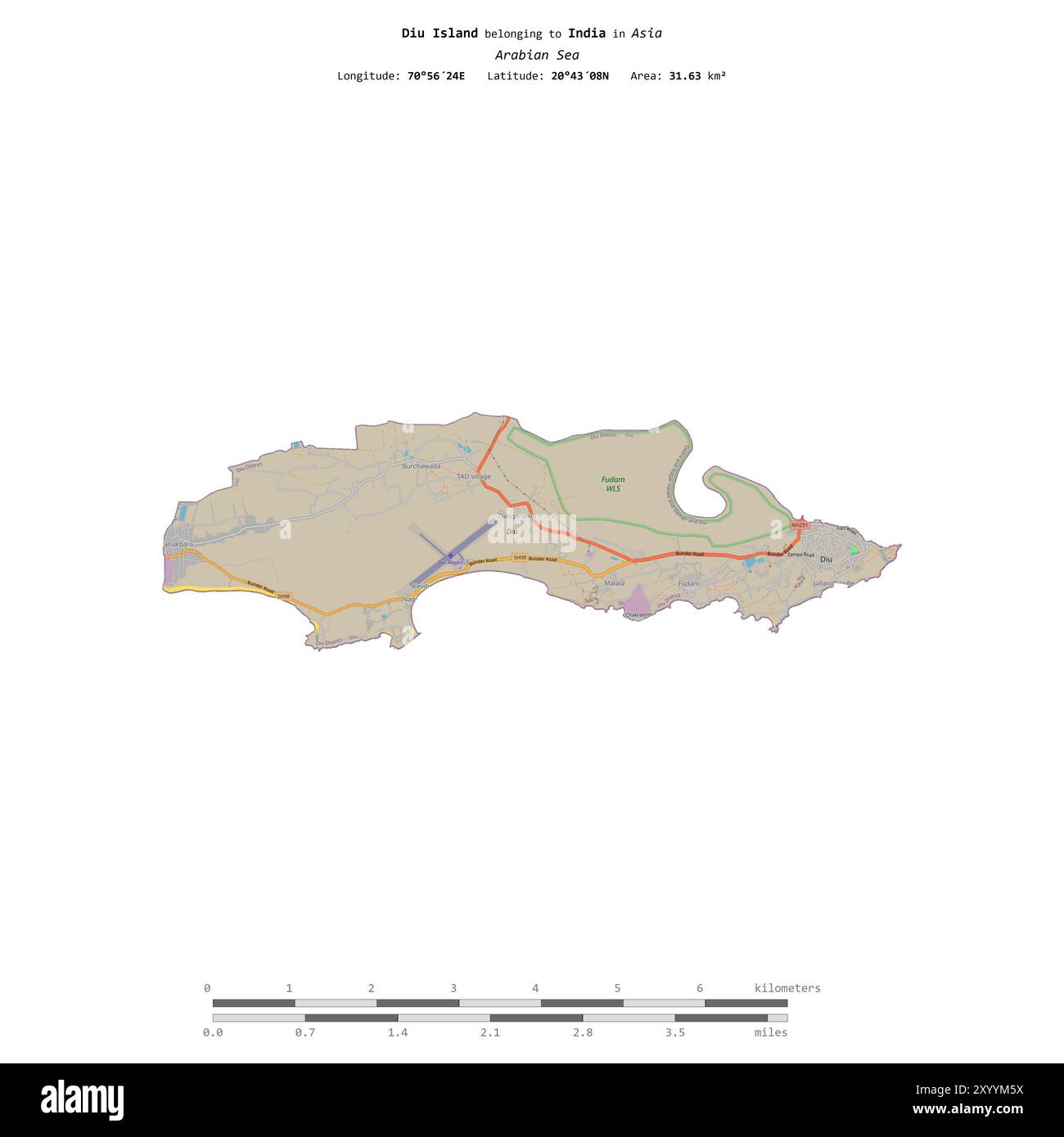 Diu Island in the Arabian Sea, belonging to India, isolated on a ...