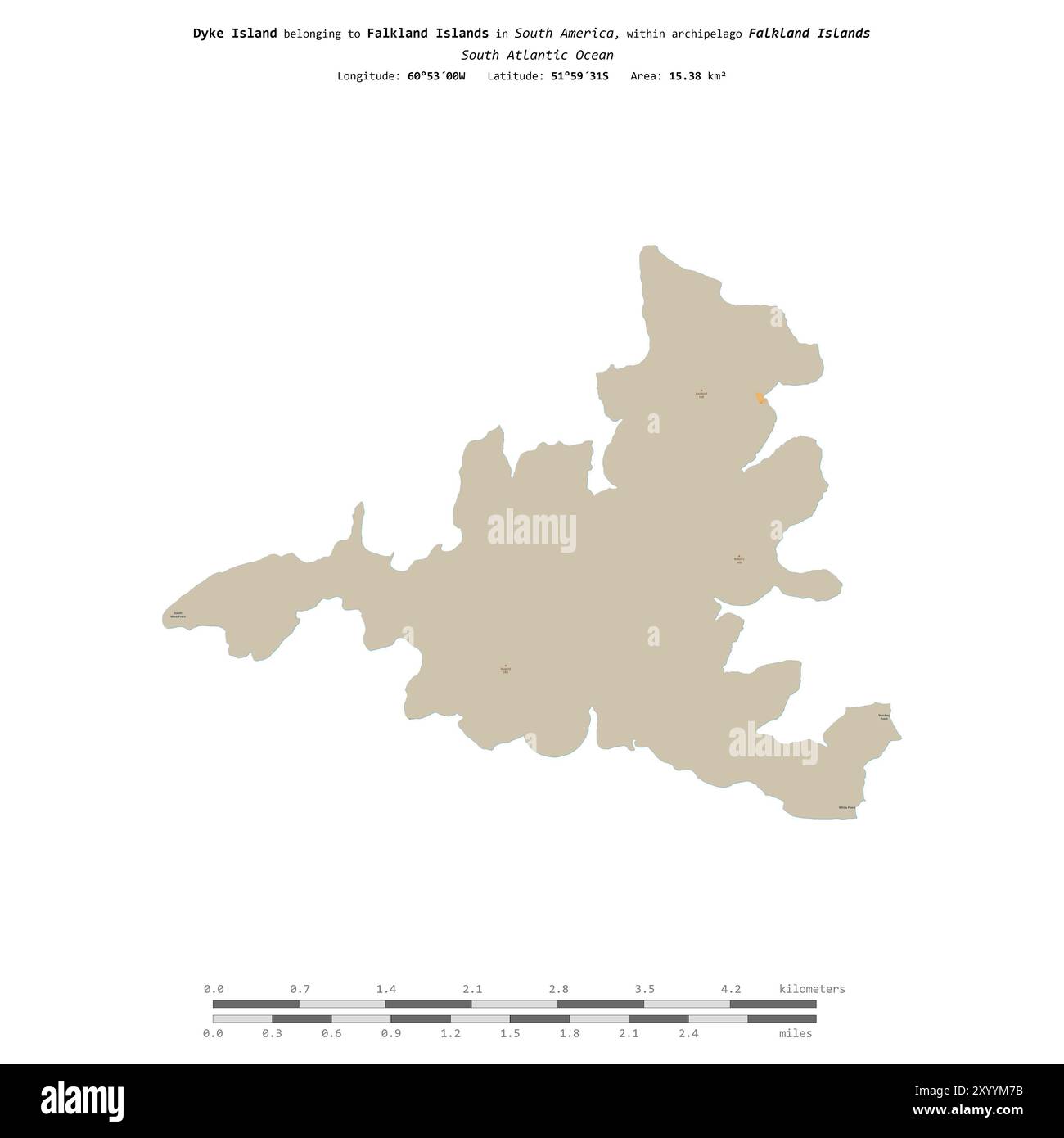 Dyke Island in the South Atlantic Ocean, belonging to Falkland Islands, isolated on a ...