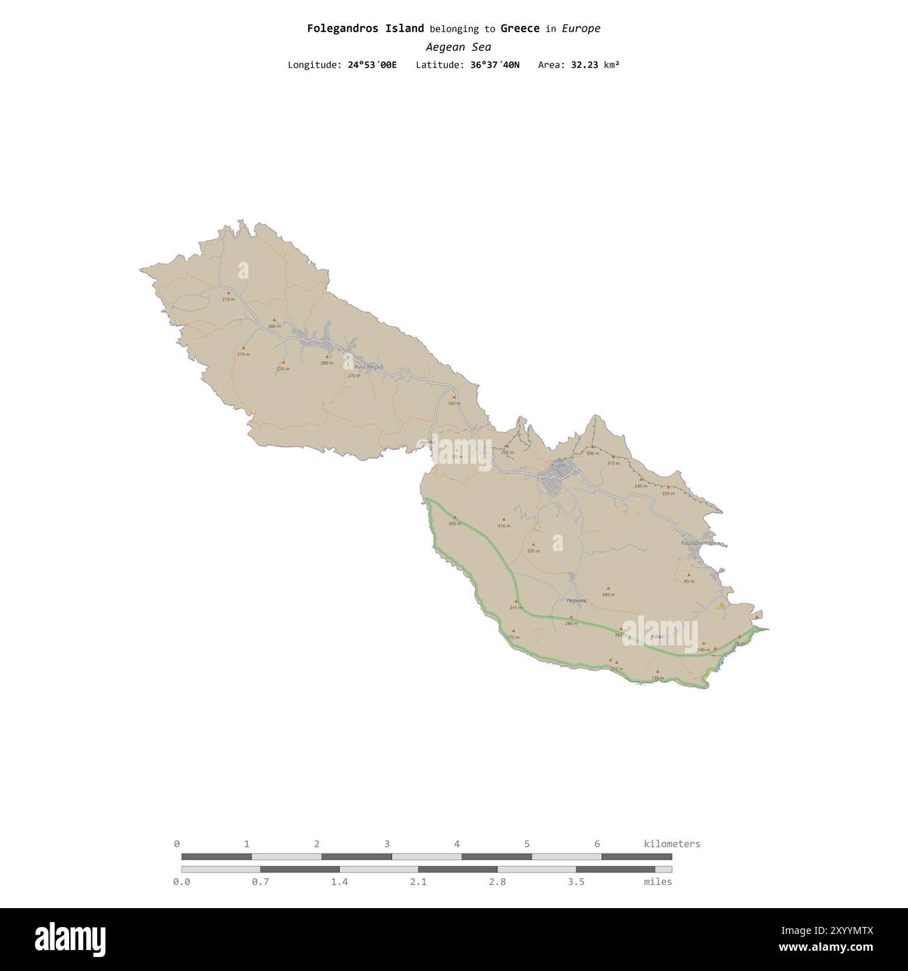 Folegandros Island in the Aegean Sea, belonging to Greece, isolated on ...