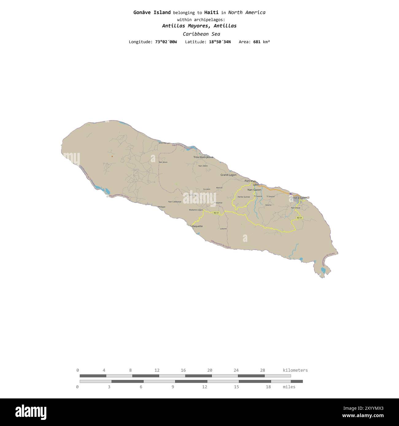 Gonave Island in the Caribbean Sea, belonging to Haiti, isolated on a ...