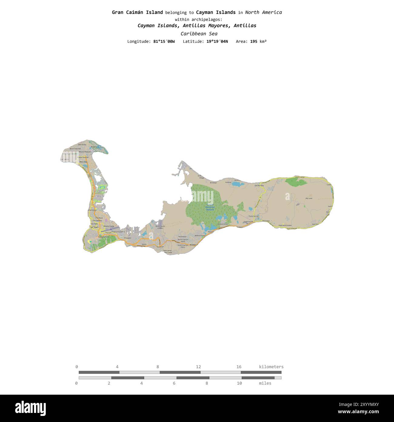 Gran Caiman Island in the Caribbean Sea, belonging to Cayman Islands, isolated on a topographic ...