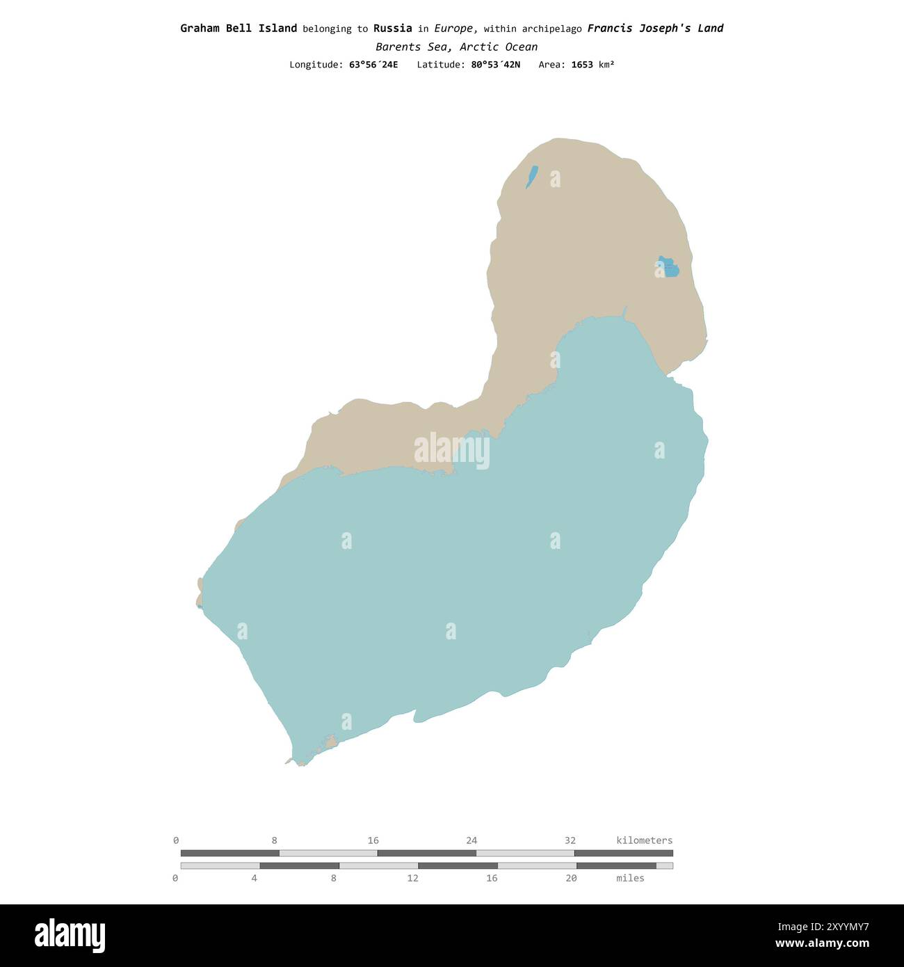 Graham Bell Island in the Barents Sea, belonging to Russia, isolated on a topographic, OSM ...
