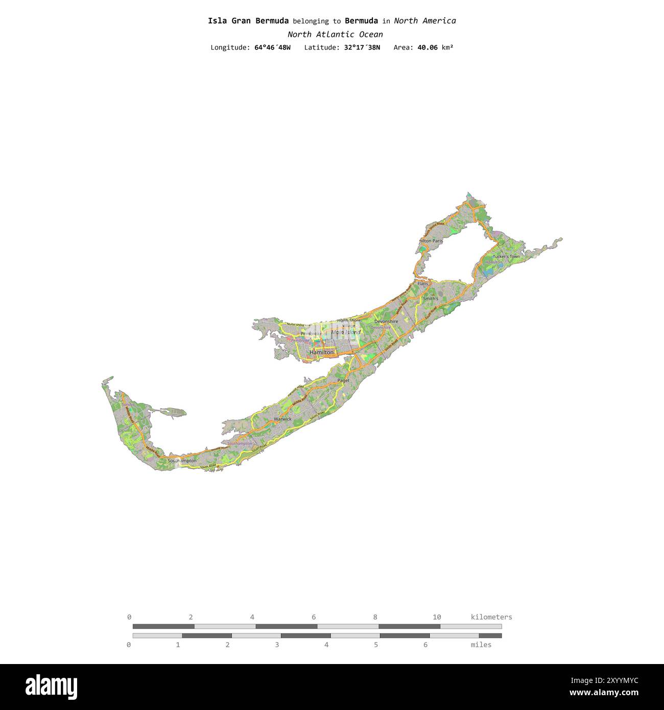 Isla Gran Bermuda in the North Atlantic Ocean, belonging to Bermuda, isolated on a topographic ...