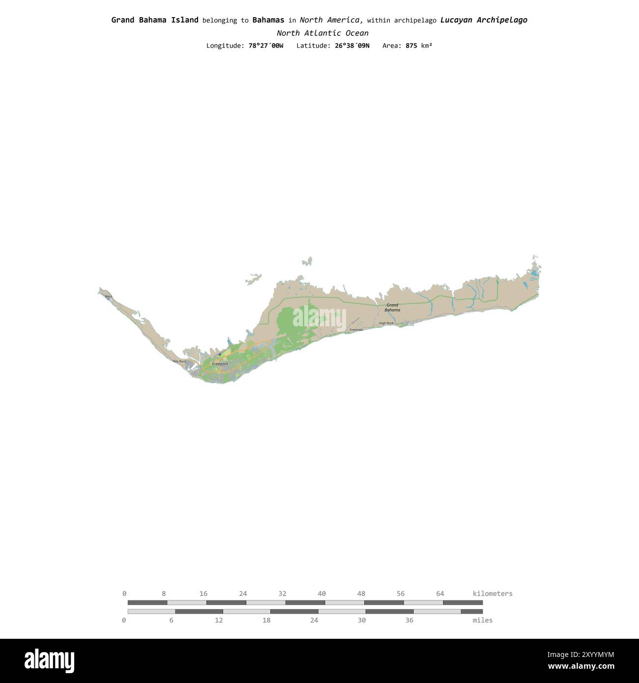 Grand Bahama Island in the North Atlantic Ocean, belonging to Bahamas, isolated on a topographic ...