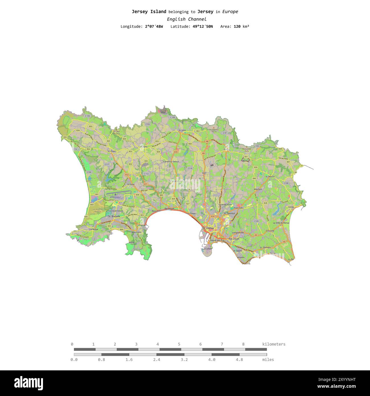 Jersey Island in the English Channel, belonging to Jersey, isolated on a topographic, OSM ...