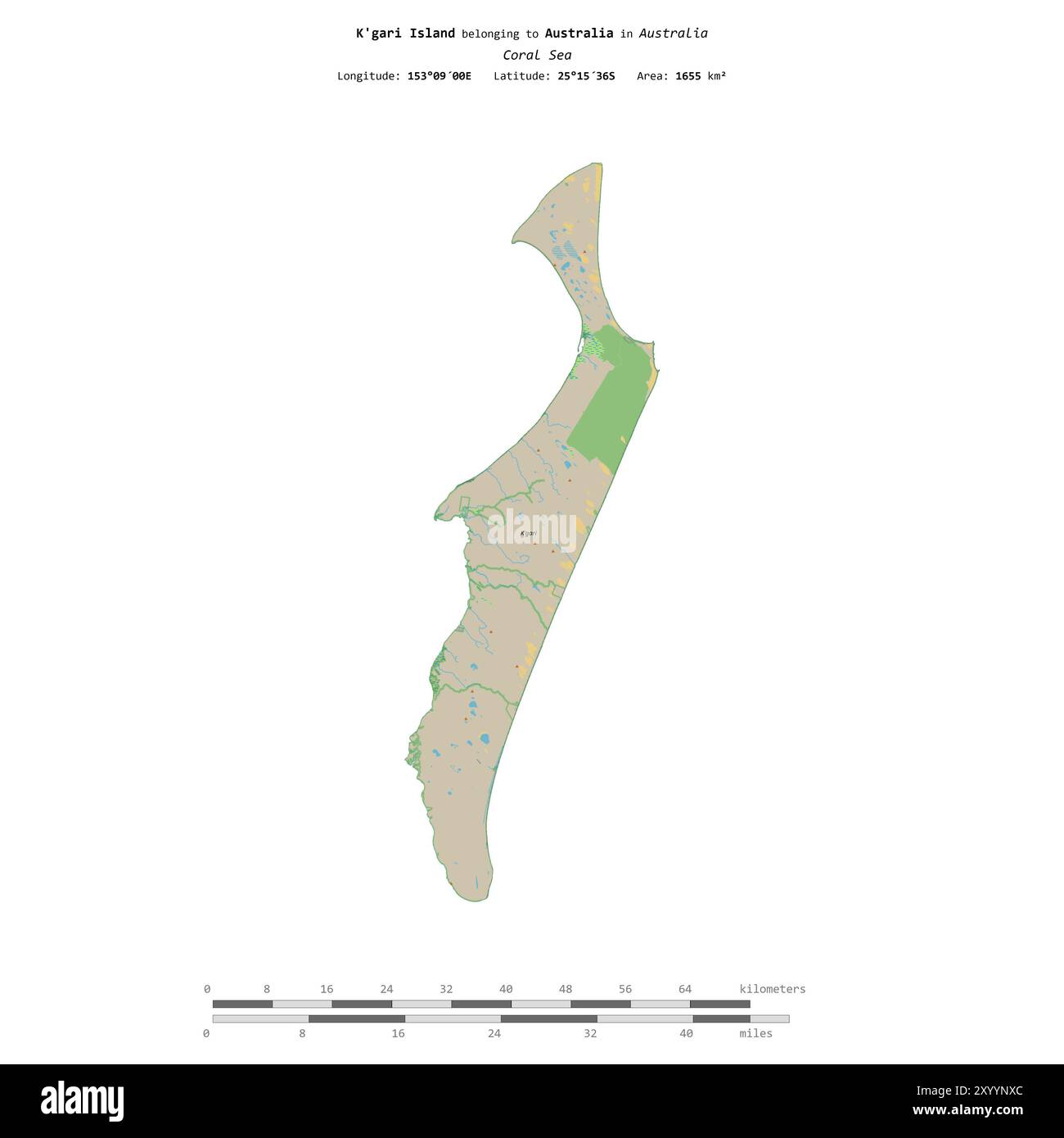 K'gari Island in the Coral Sea, belonging to Australia, isolated on a ...
