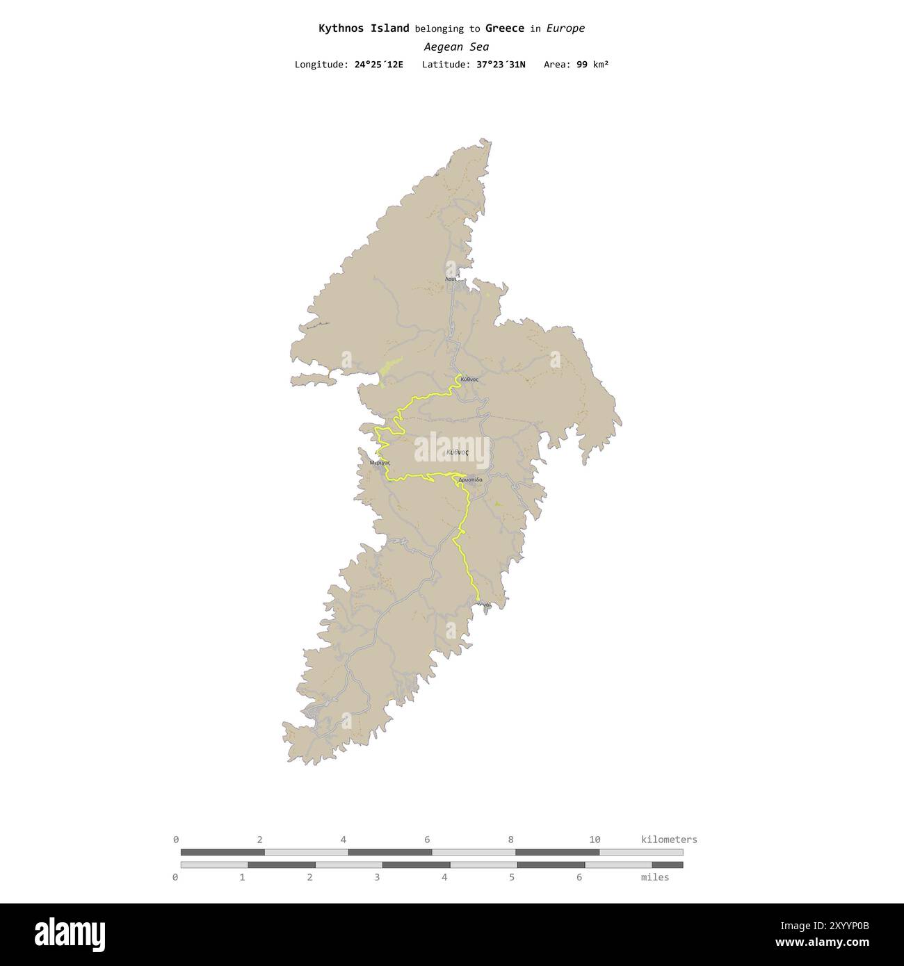 Kythnos Island in the Aegean Sea, belonging to Greece, isolated on a ...