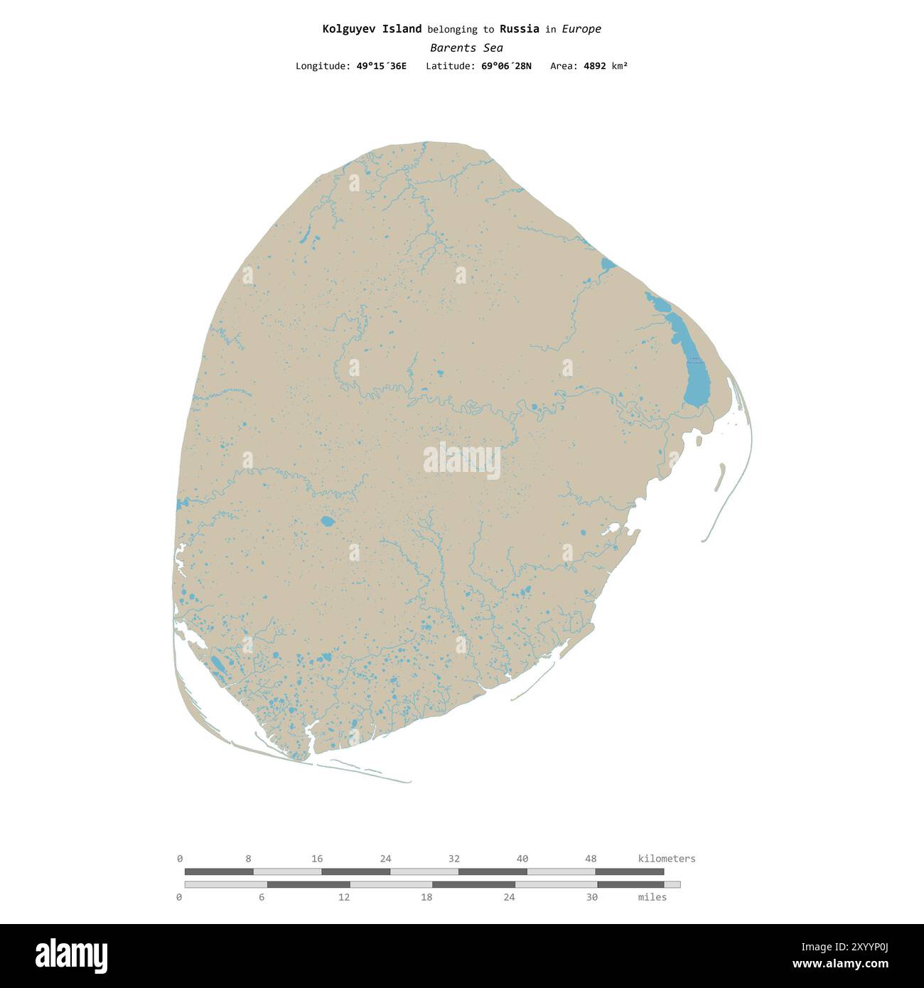 Kolguyev Island in the Barents Sea, belonging to Russia, isolated on a topographic, OSM standard ...