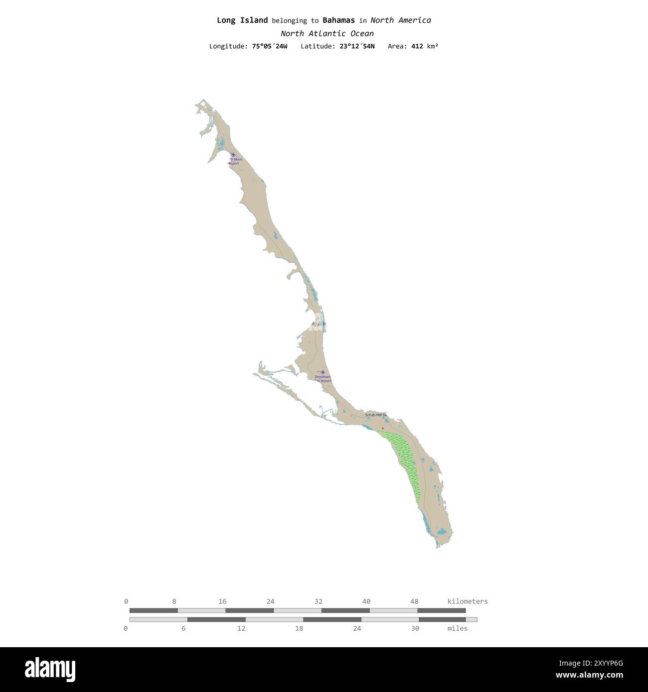 Long Island in the North Atlantic Ocean, belonging to Bahamas, isolated ...