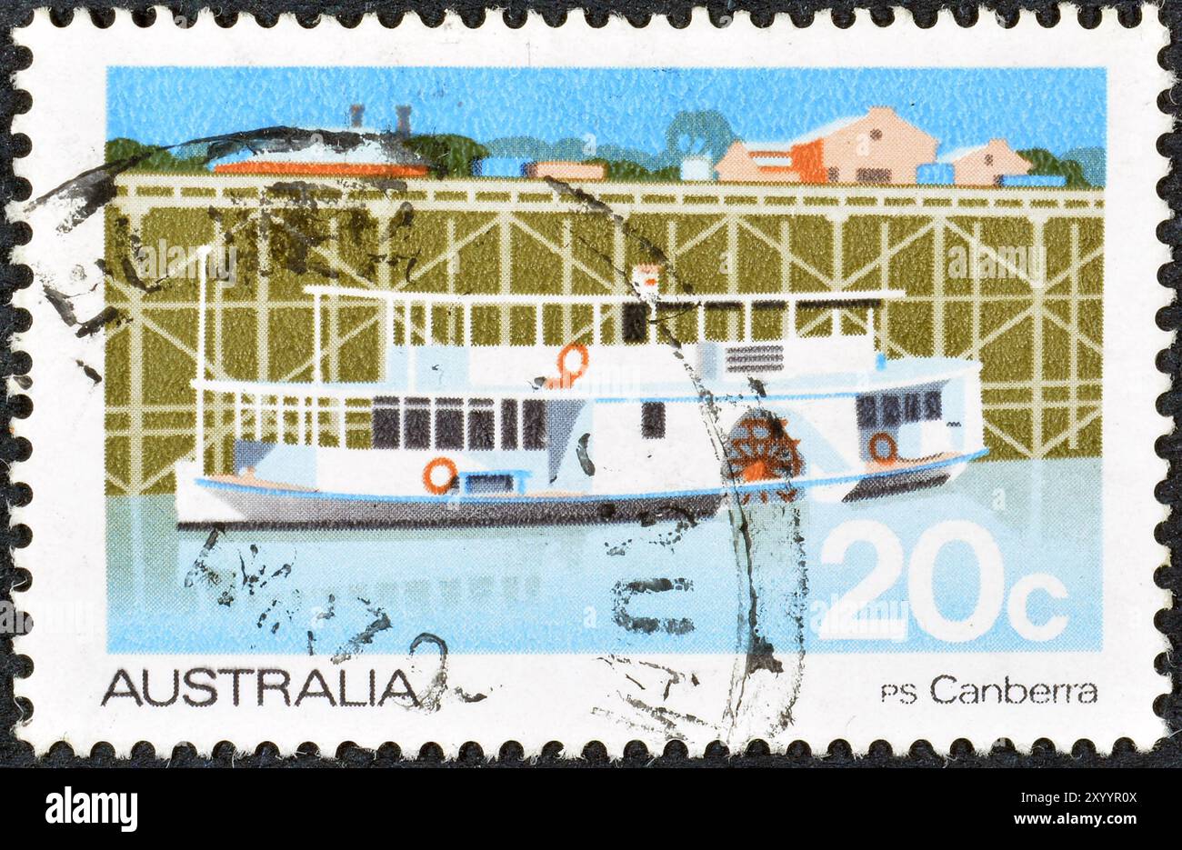 Cancelled postage stamp printed by Australia, that shows PS Canberra ...