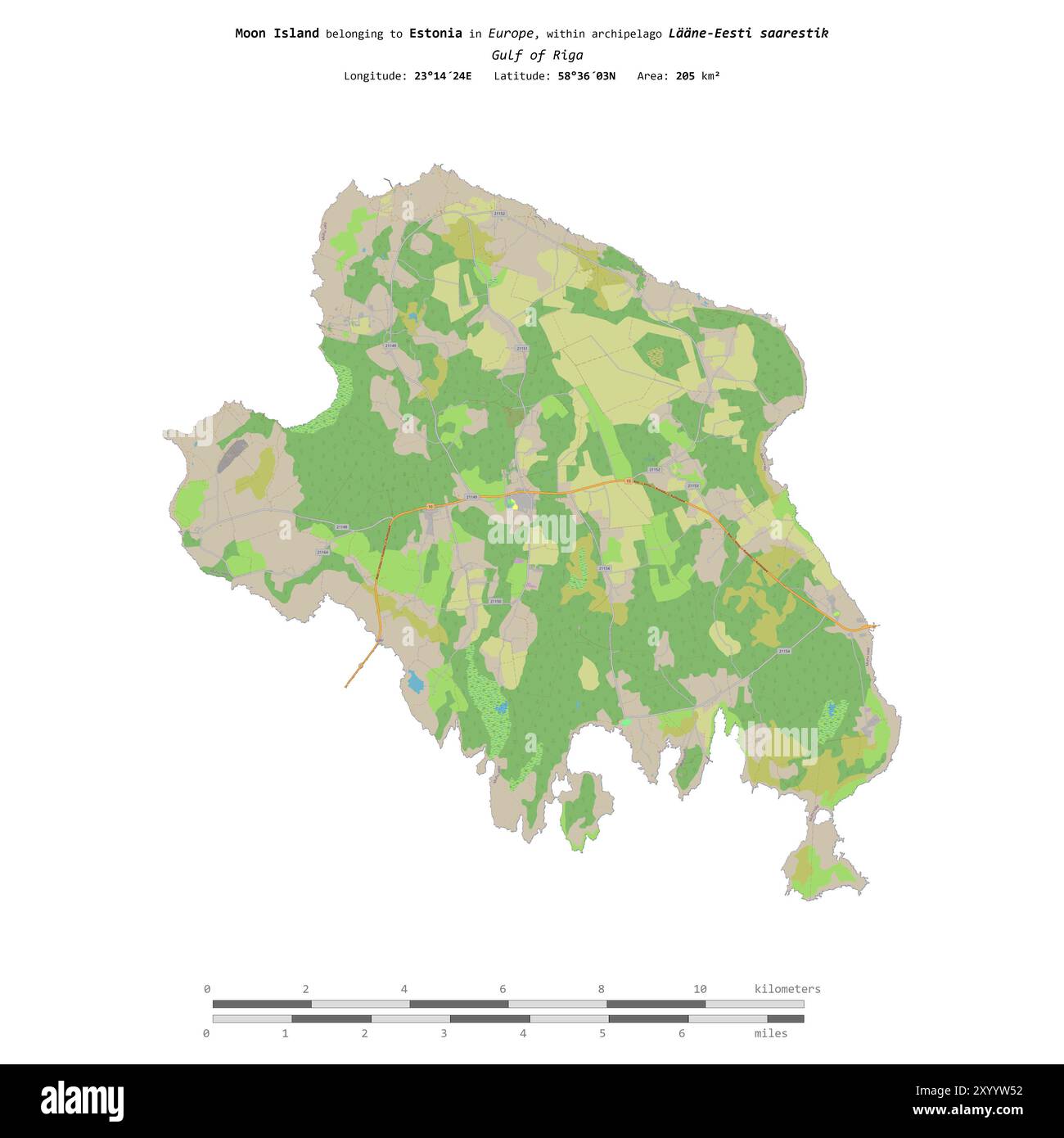 Moon Island in the Gulf of Riga, belonging to Estonia, isolated on a topographic, OSM standard ...