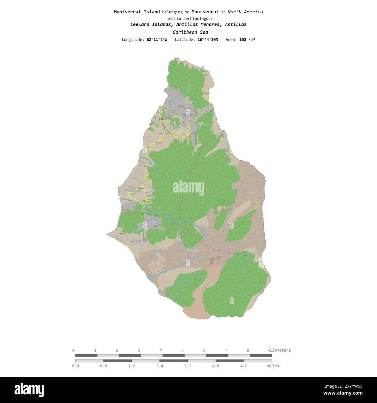 Montserrat Island in the Caribbean Sea, belonging to Montserrat, isolated on a topographic, OSM ...