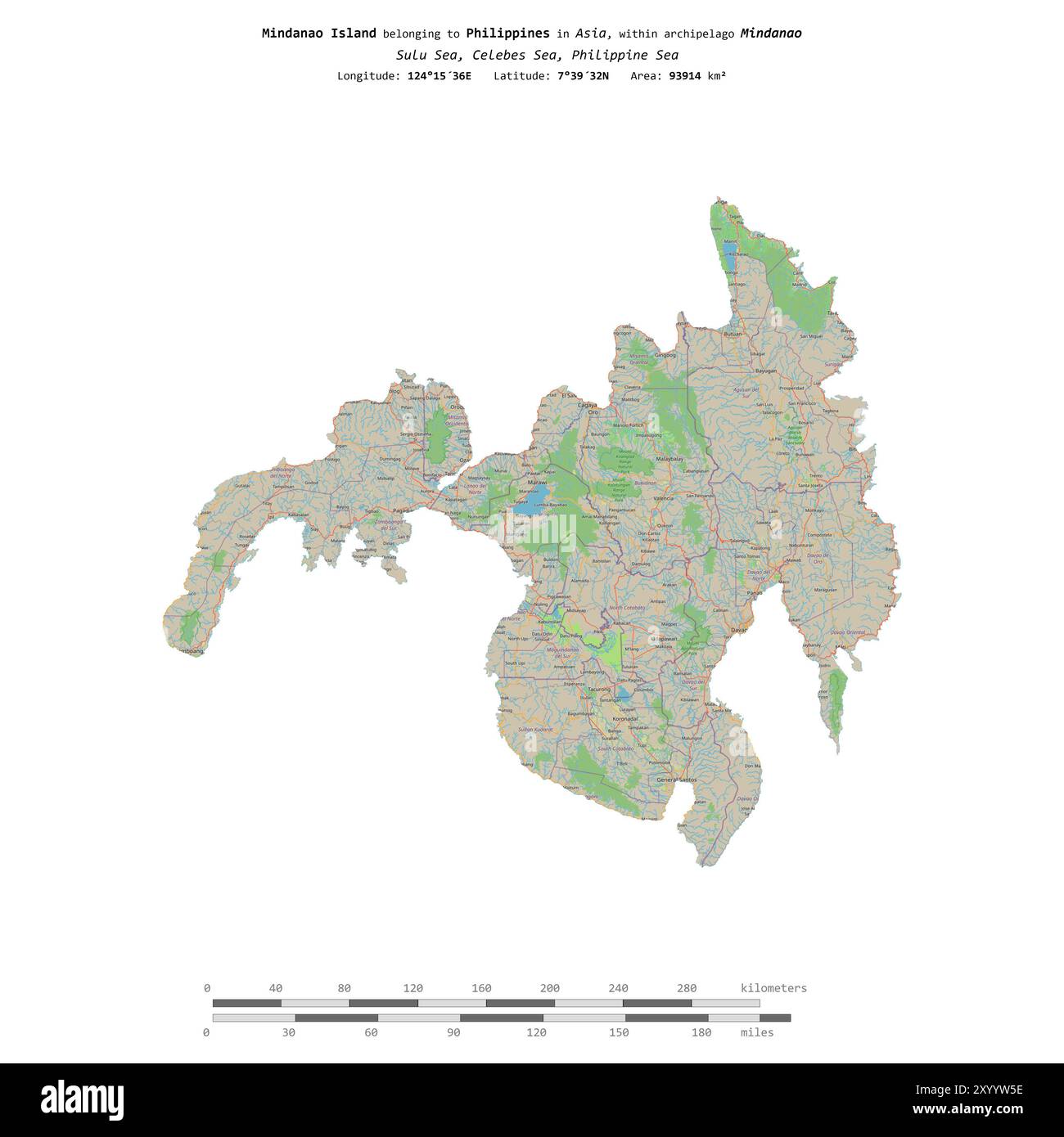 Mindanao Island in the Sulu Sea, belonging to Philippines, isolated on a topographic, OSM ...