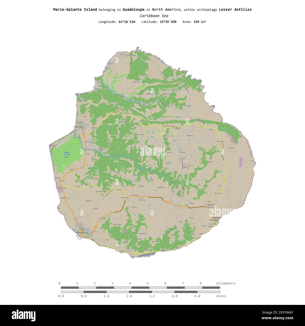Marie-Galante Island in the Caribbean Sea, belonging to Guadeloupe, isolated on a topographic ...