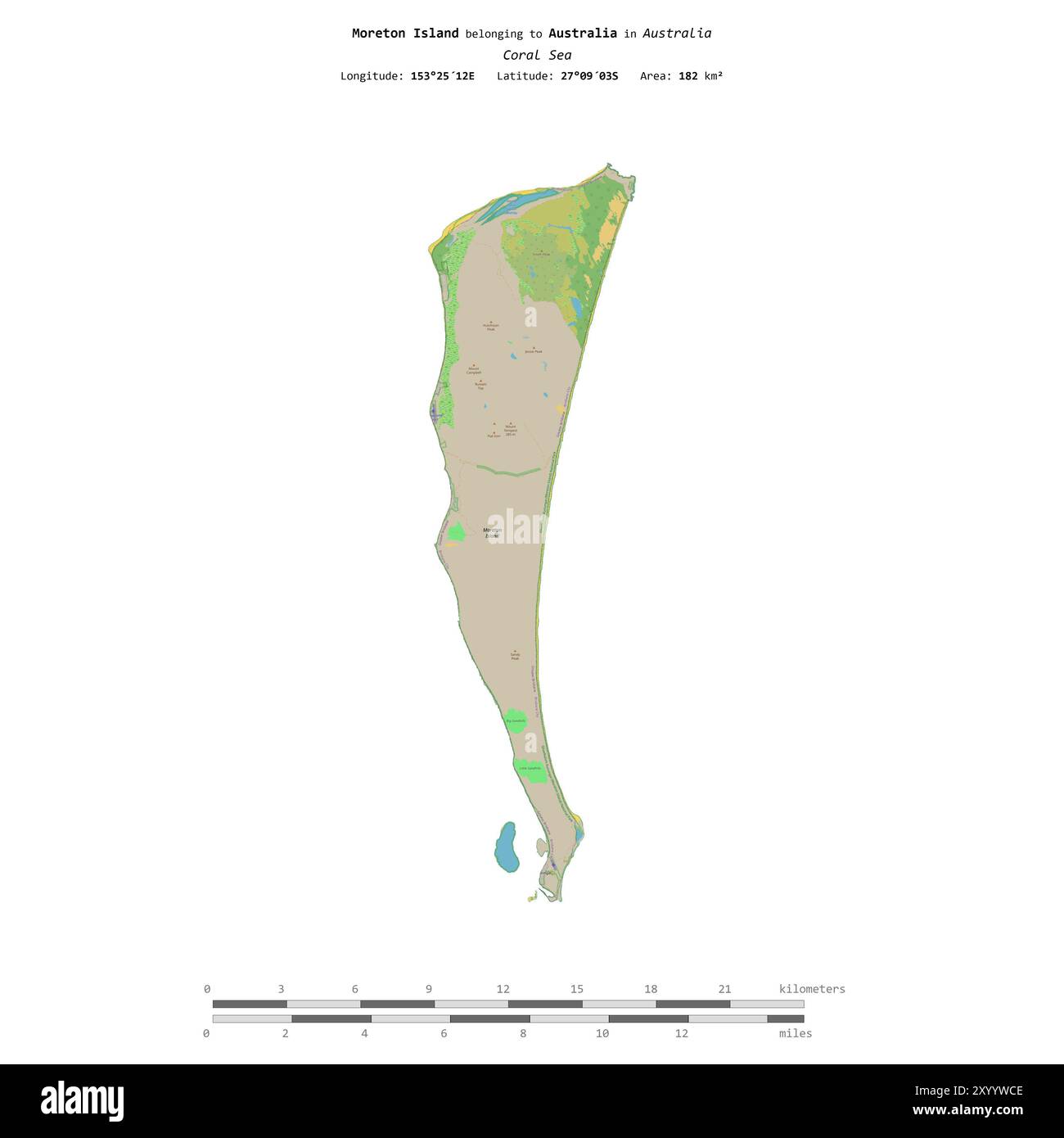 Moreton Island in the Coral Sea, belonging to Australia, isolated on a ...