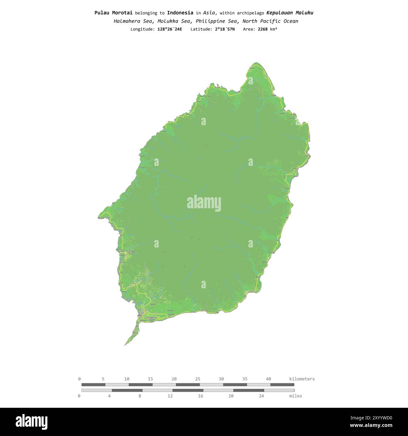 Pulau Morotai in the Molukka Sea, belonging to Indonesia, isolated on a ...