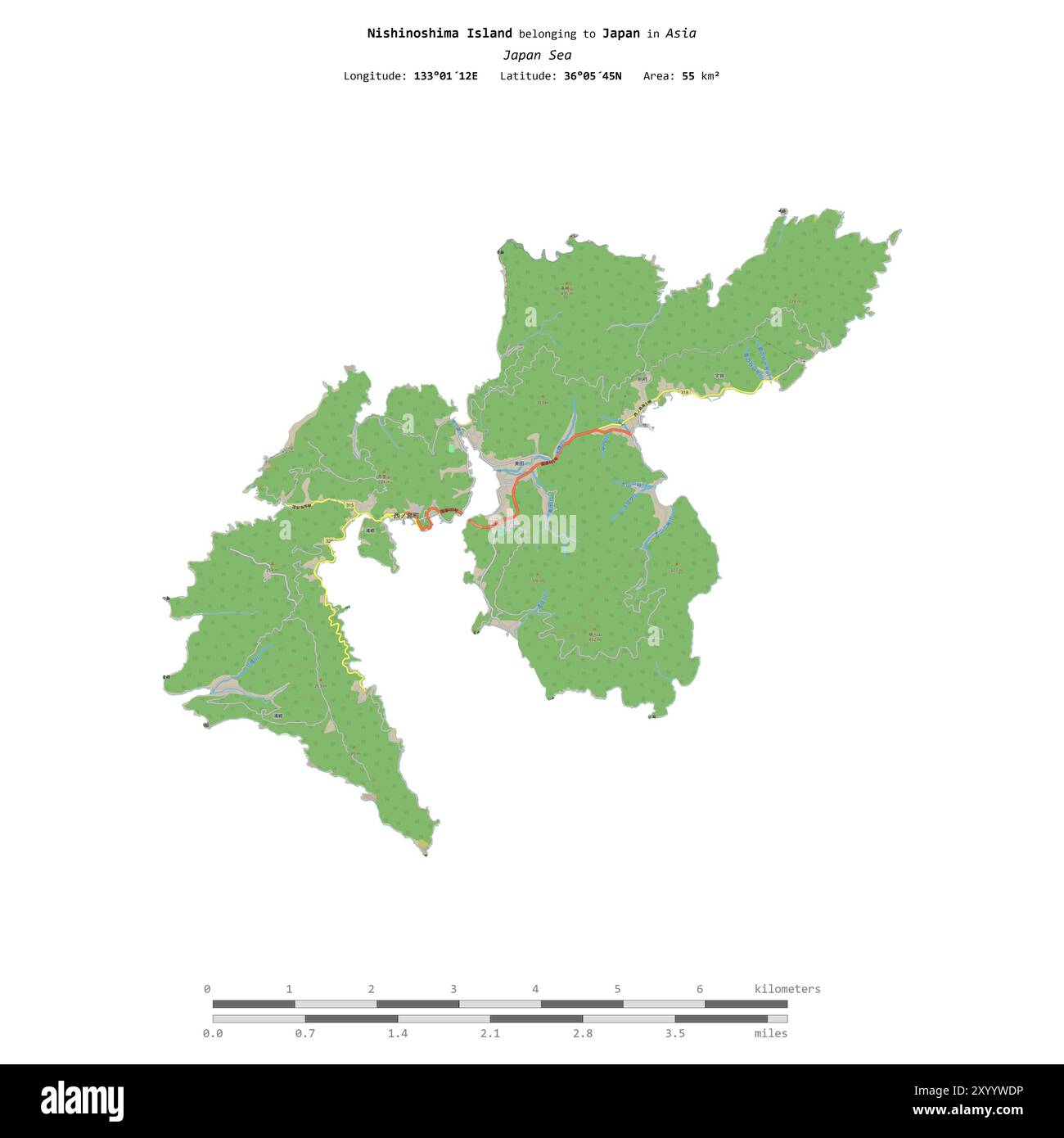 Nishinoshima Island in the Japan Sea, belonging to Japan, isolated on a ...