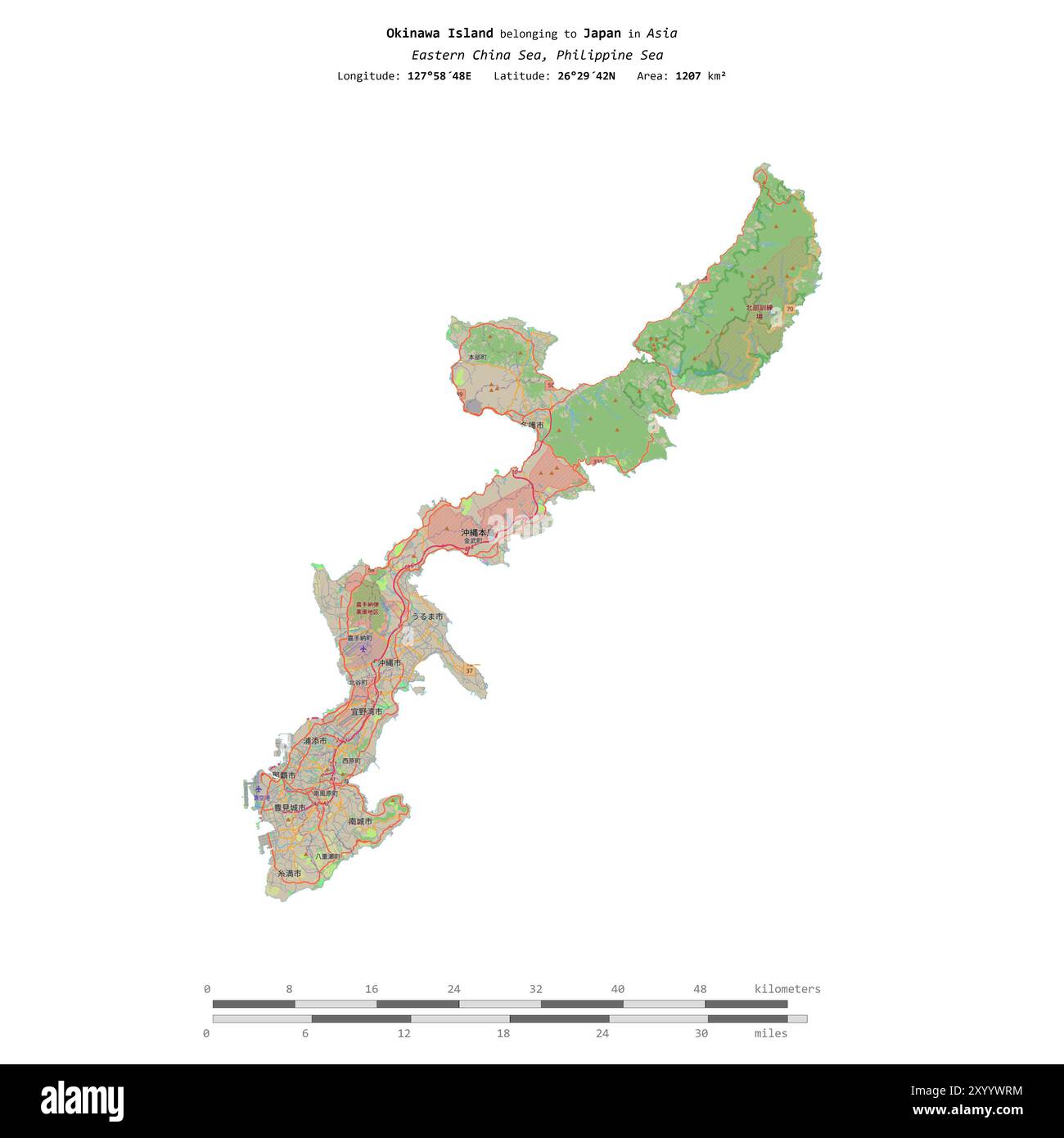 Okinawa Island in the Philippine Sea, belonging to Japan, isolated on a ...