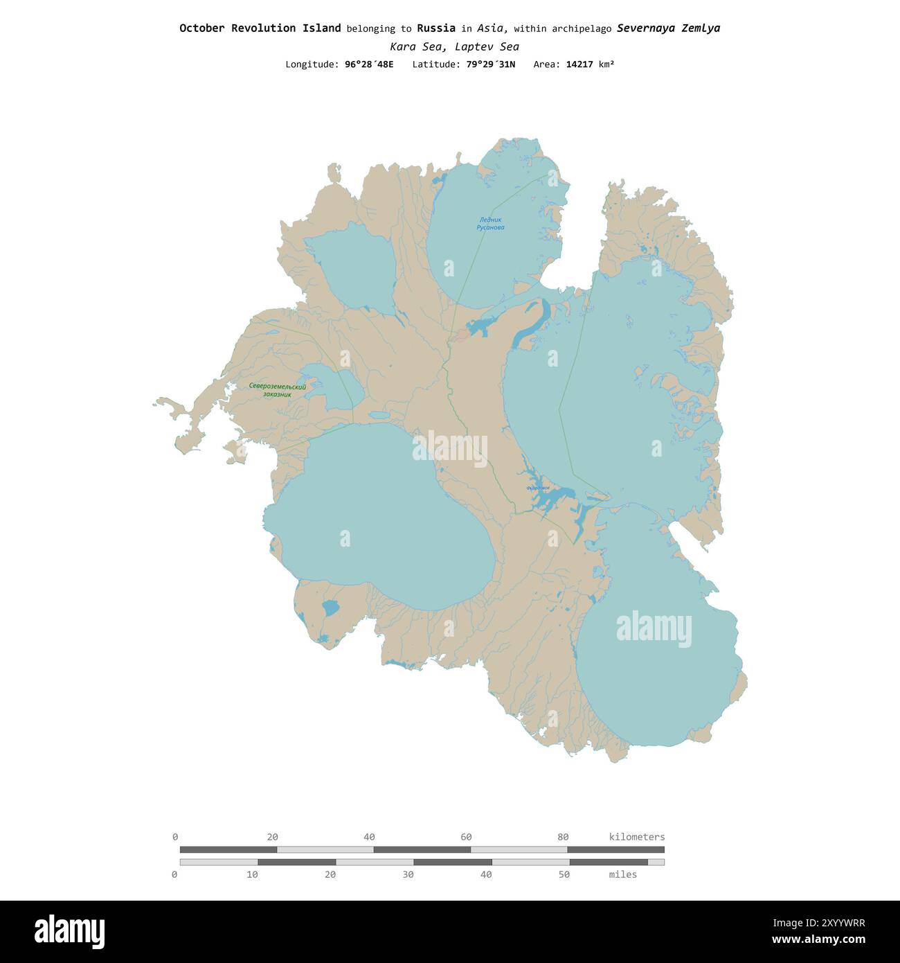 October Revolution Island in the Kara Sea, belonging to Russia, isolated on a topographic, OSM ...