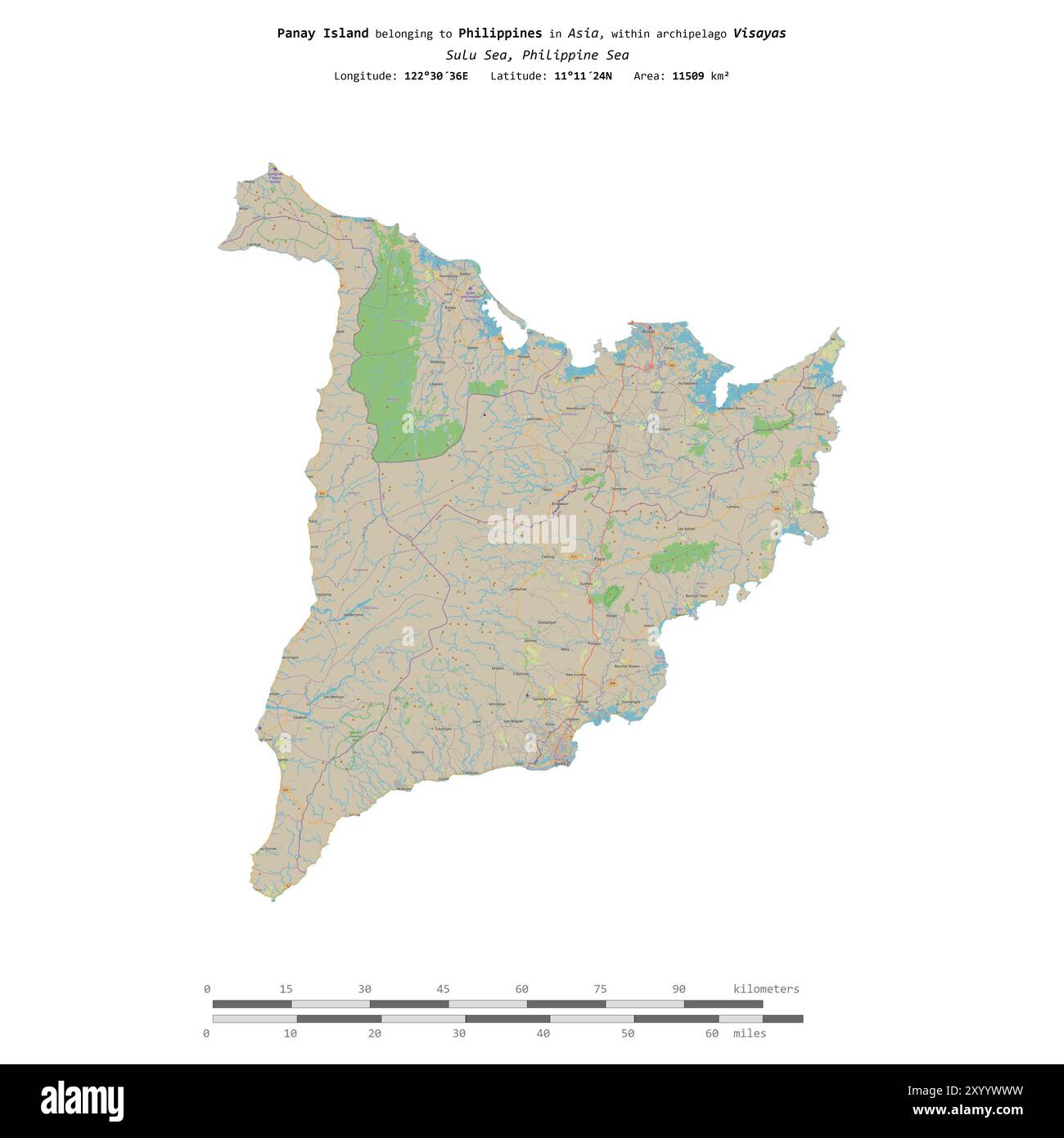 Panay Island in the Sulu Sea, belonging to Philippines, isolated on a ...