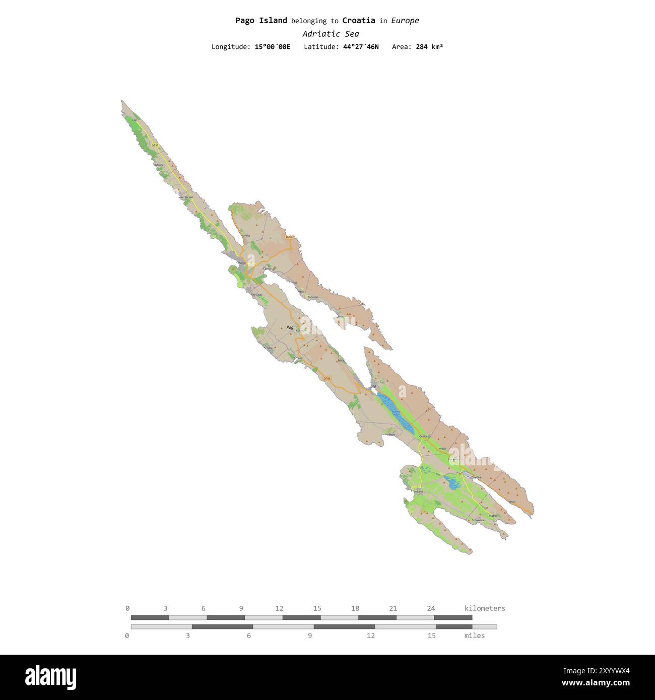 Pago Island in the Adriatic Sea, belonging to Croatia, isolated on a ...