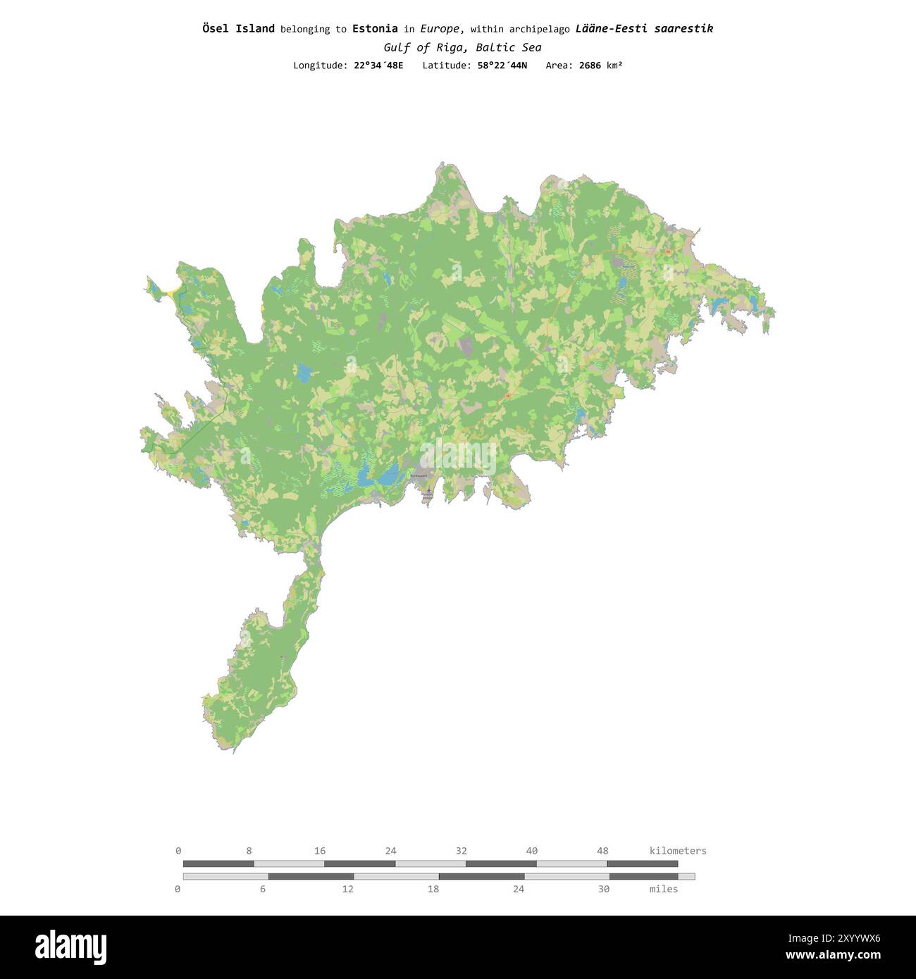 Osel Island in the Baltic Sea, belonging to Estonia, isolated on a topographic, OSM standard ...