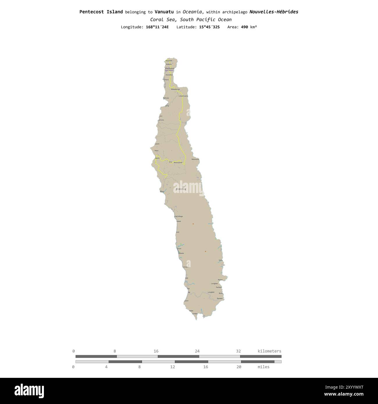 Pentecost Island in the Coral Sea, belonging to Vanuatu, isolated on a ...