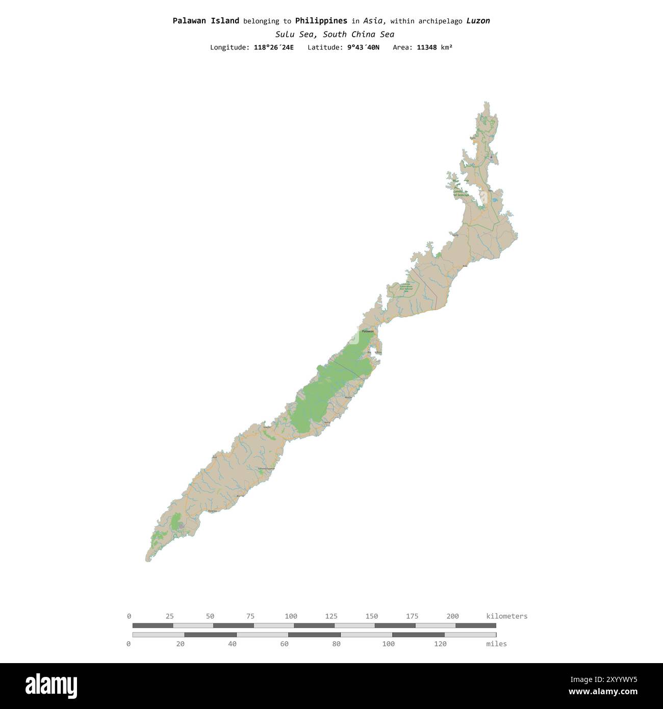 Palawan Island in the Sulu Sea, belonging to Philippines, isolated on a ...