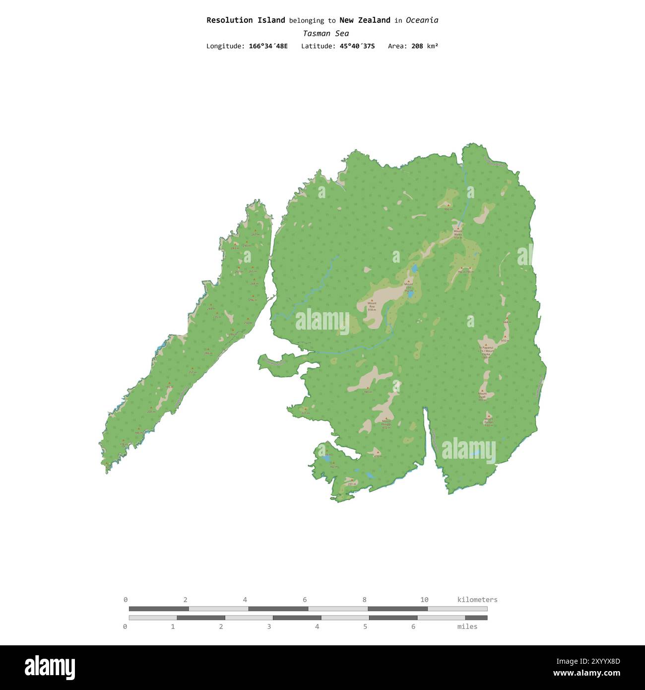 Resolution Island in the Tasman Sea, belonging to New Zealand, isolated ...