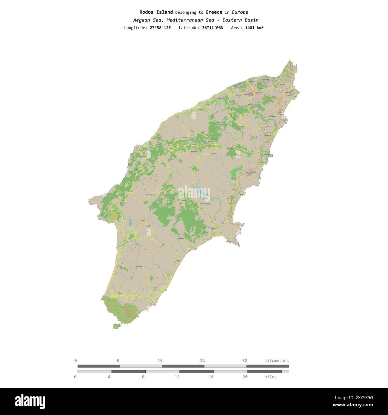 Rodos Island in the Aegean Sea, belonging to Greece, isolated on a ...