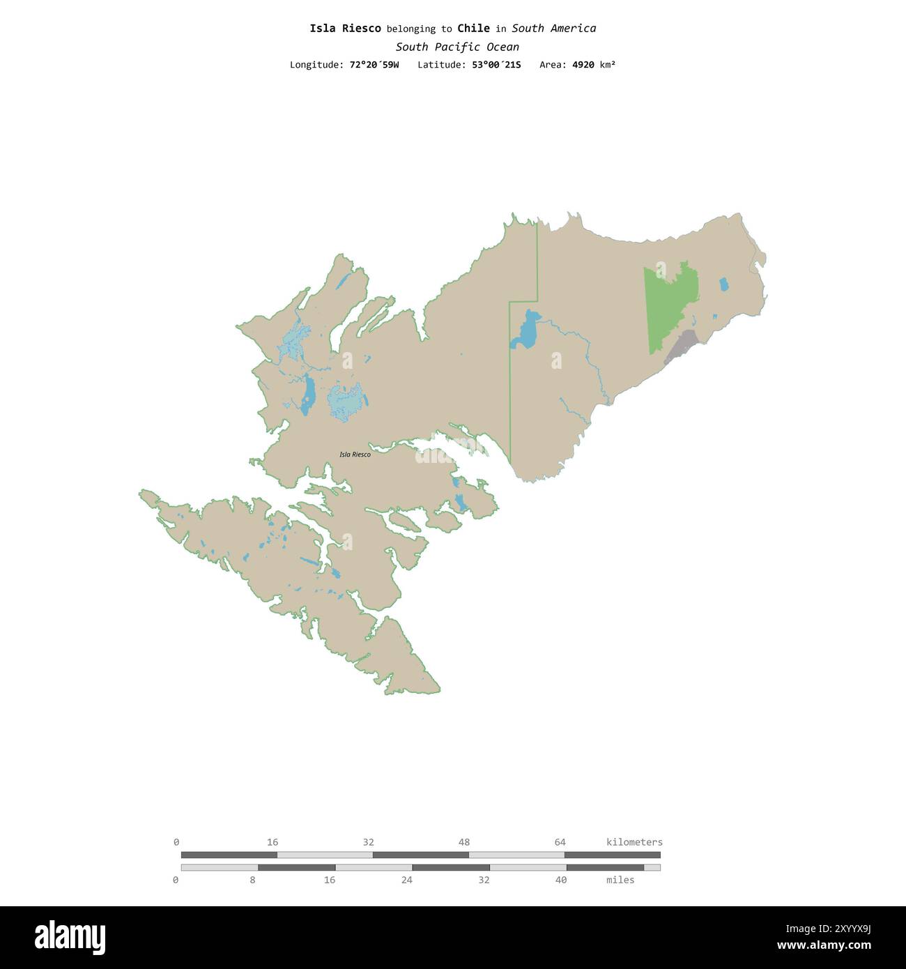 Isla Riesco in the South Pacific Ocean, belonging to Chile, isolated on ...